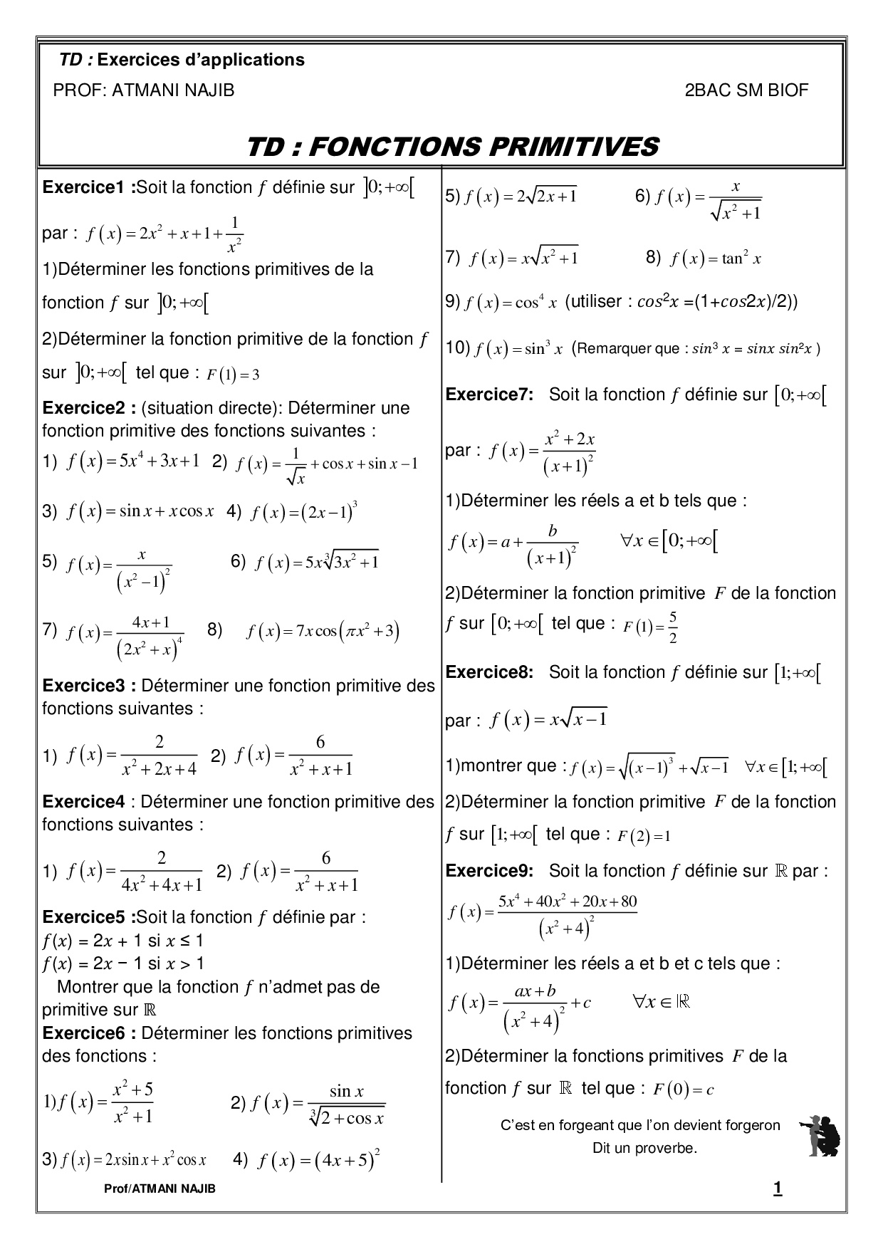 Fonctions primitives - Série d'exercices 1 - AlloSchool
