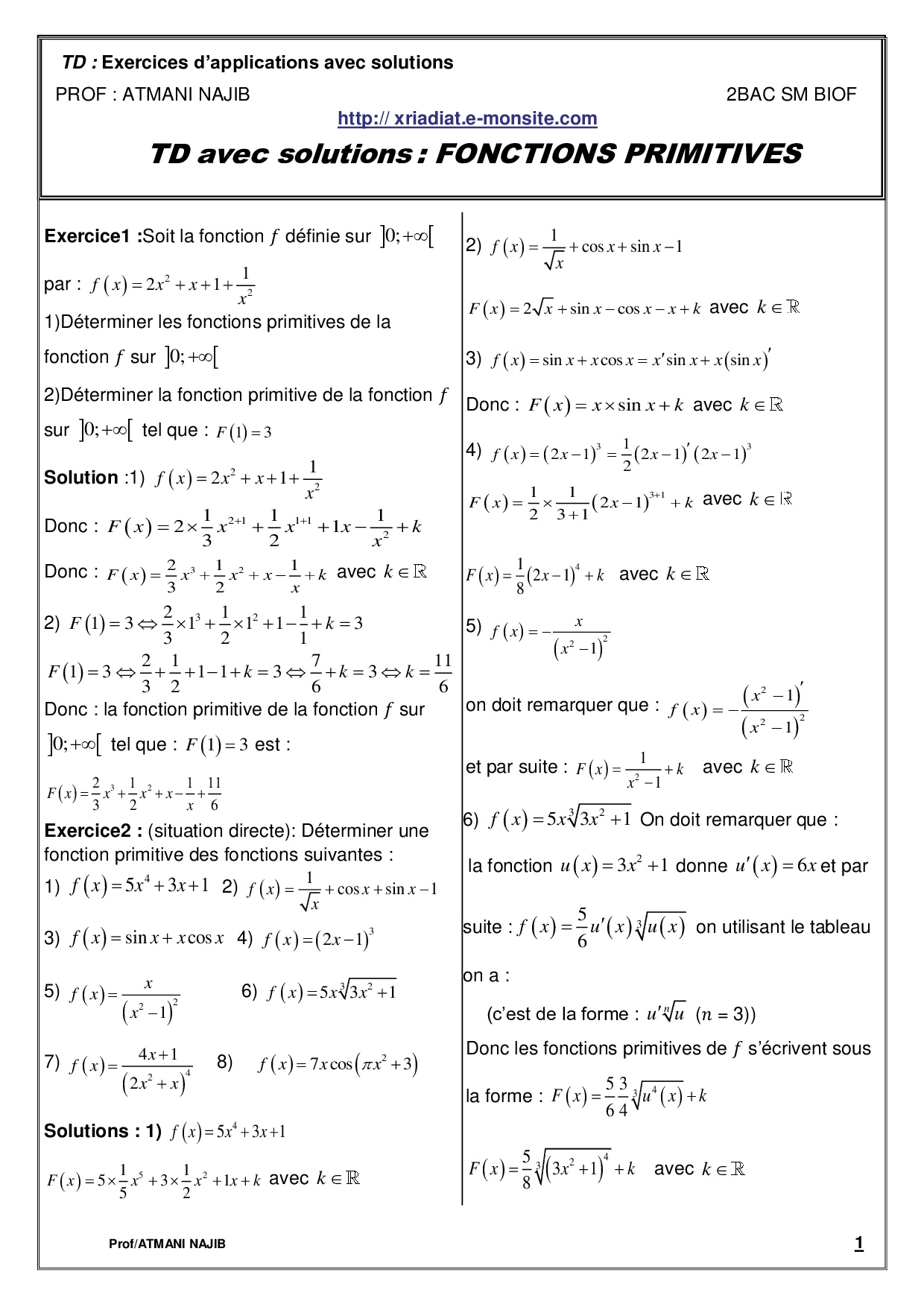 Fonctions primitives - Corrigé série d'exercices 1 - AlloSchool