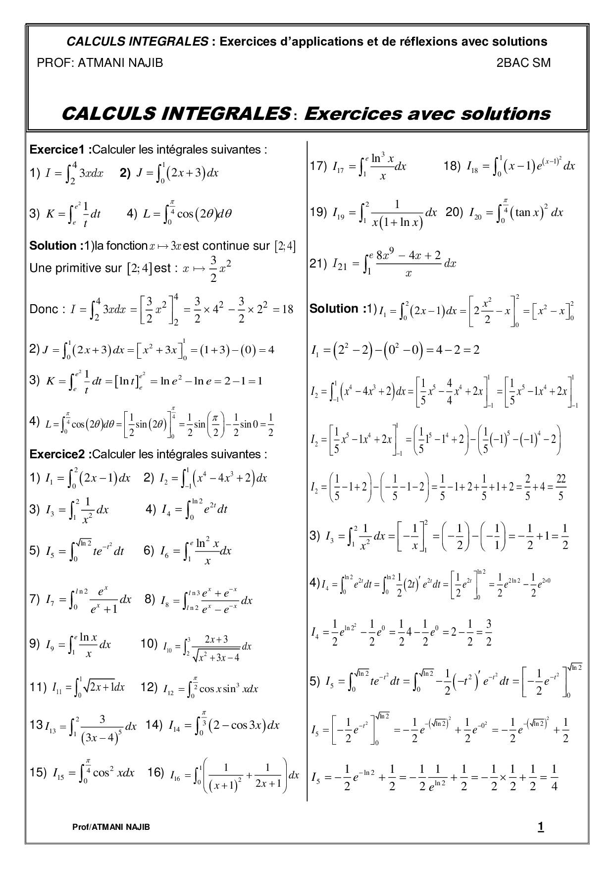 Calcul intégral - Corrigé série d'exercices 1 - AlloSchool