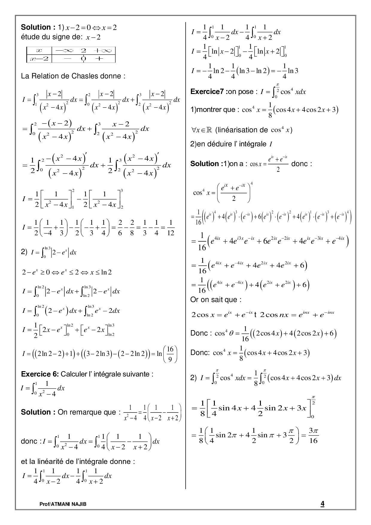 Calcul intégral - Corrigé série d'exercices 1 - AlloSchool