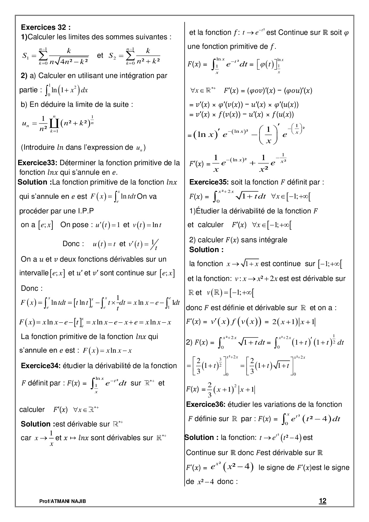 Calcul intégral - Corrigé série d'exercices 1 - AlloSchool
