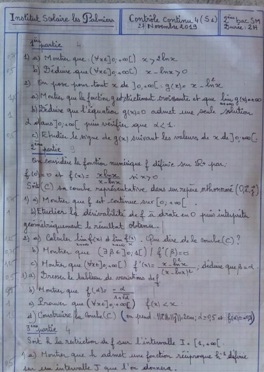 Devoir 4 Modèle 1 - Mathématiques 2 Bac SM Semestre 1 - AlloSchool