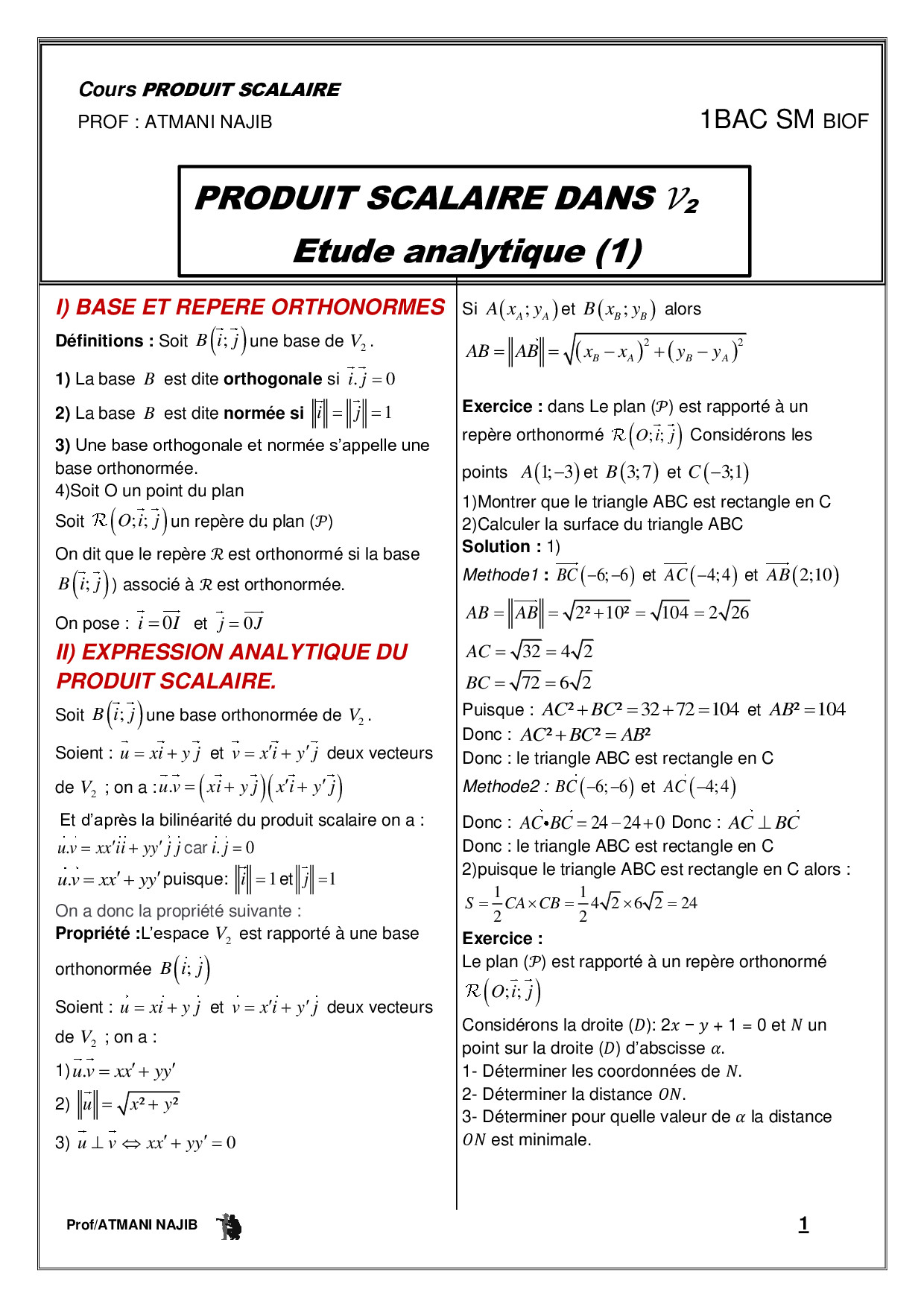 Le produit scalaire dans le plan - Cours et exercices corrigés - AlloSchool