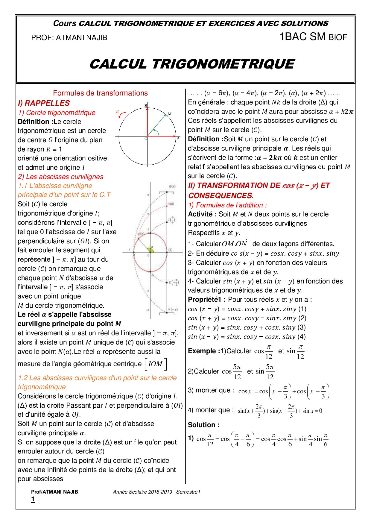 Calcul trigonométrique - Cours et exercices corrigés - AlloSchool