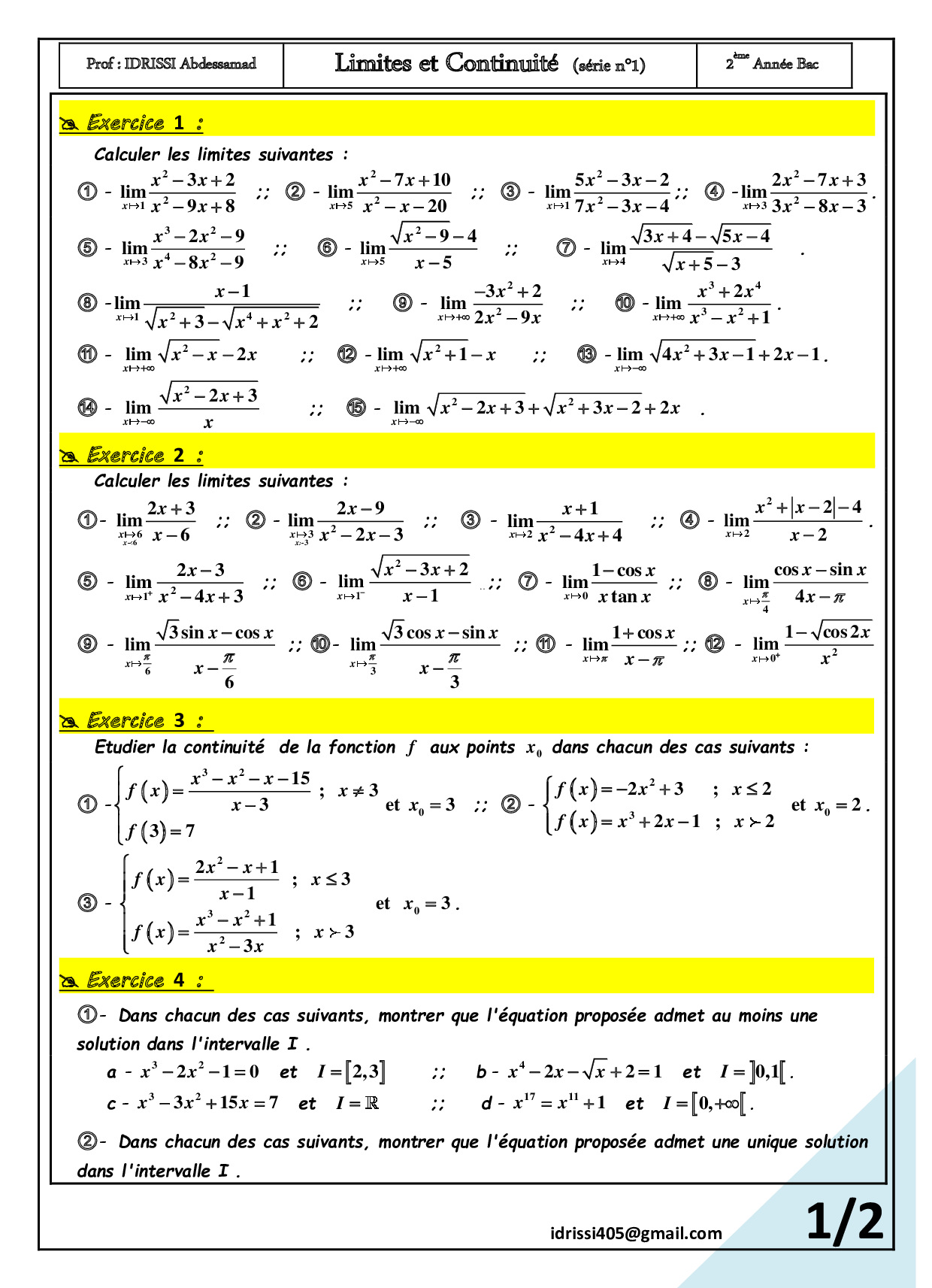 Limites et continuité - Exercices non corrigés 4 - AlloSchool