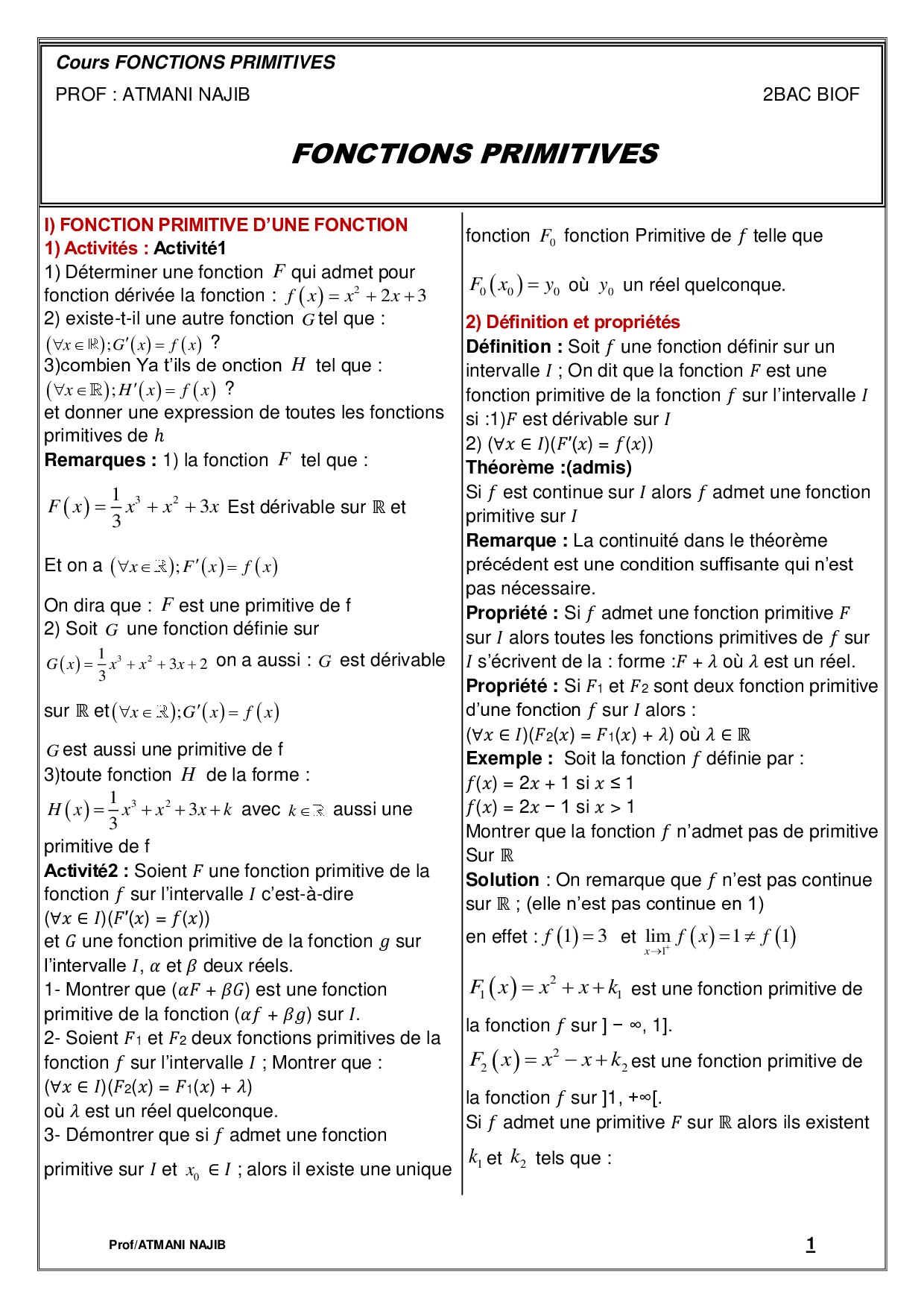 Fonctions primitives - Cours et exercices corrigés - AlloSchool