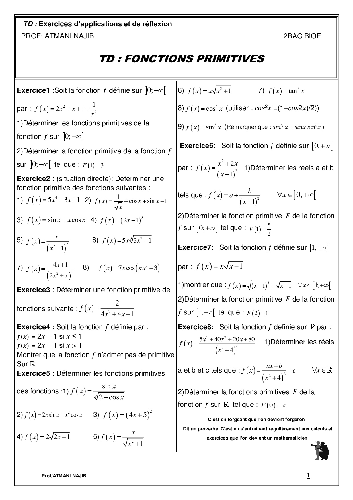 Fonctions primitives - Série d'exercices 1 - AlloSchool