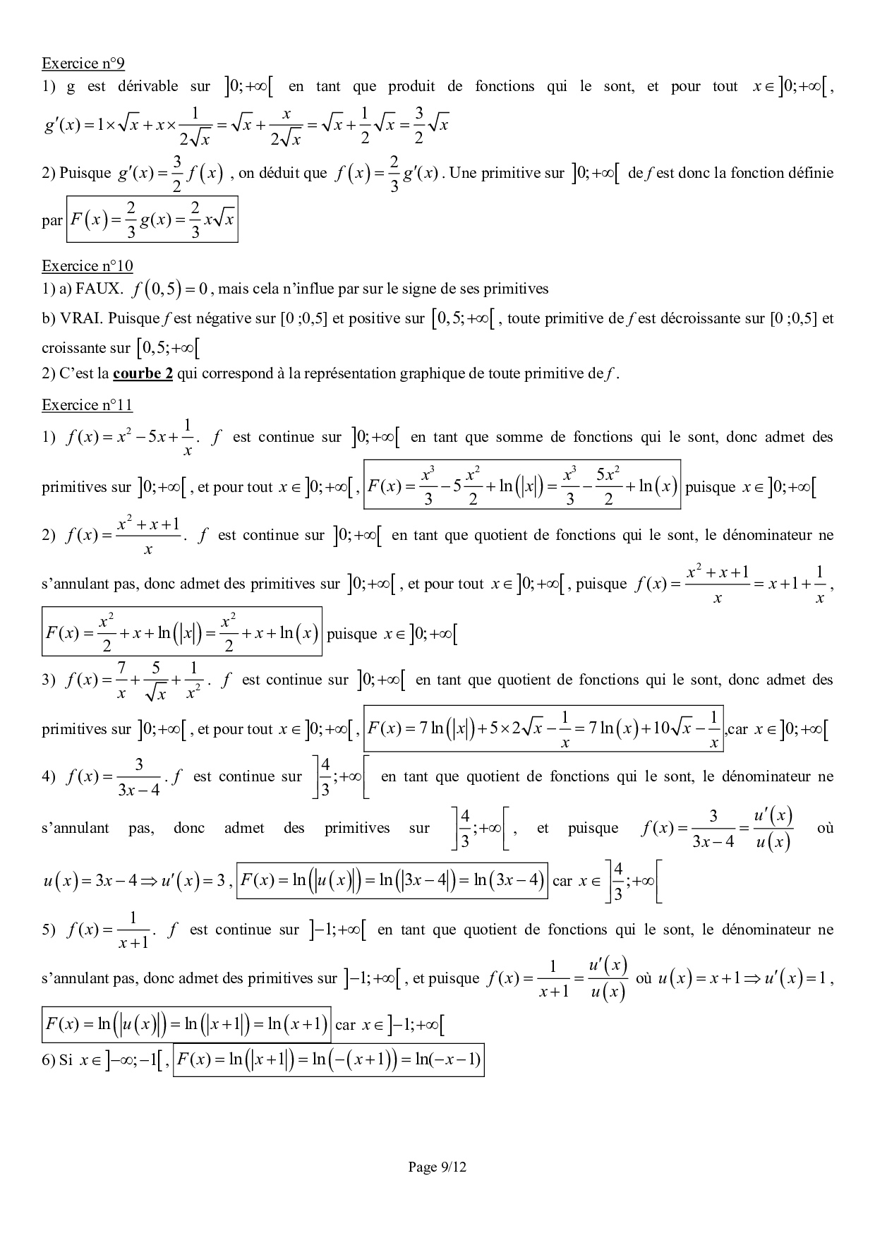 Fonctions primitives - Corrigé série d'exercices 2 - AlloSchool