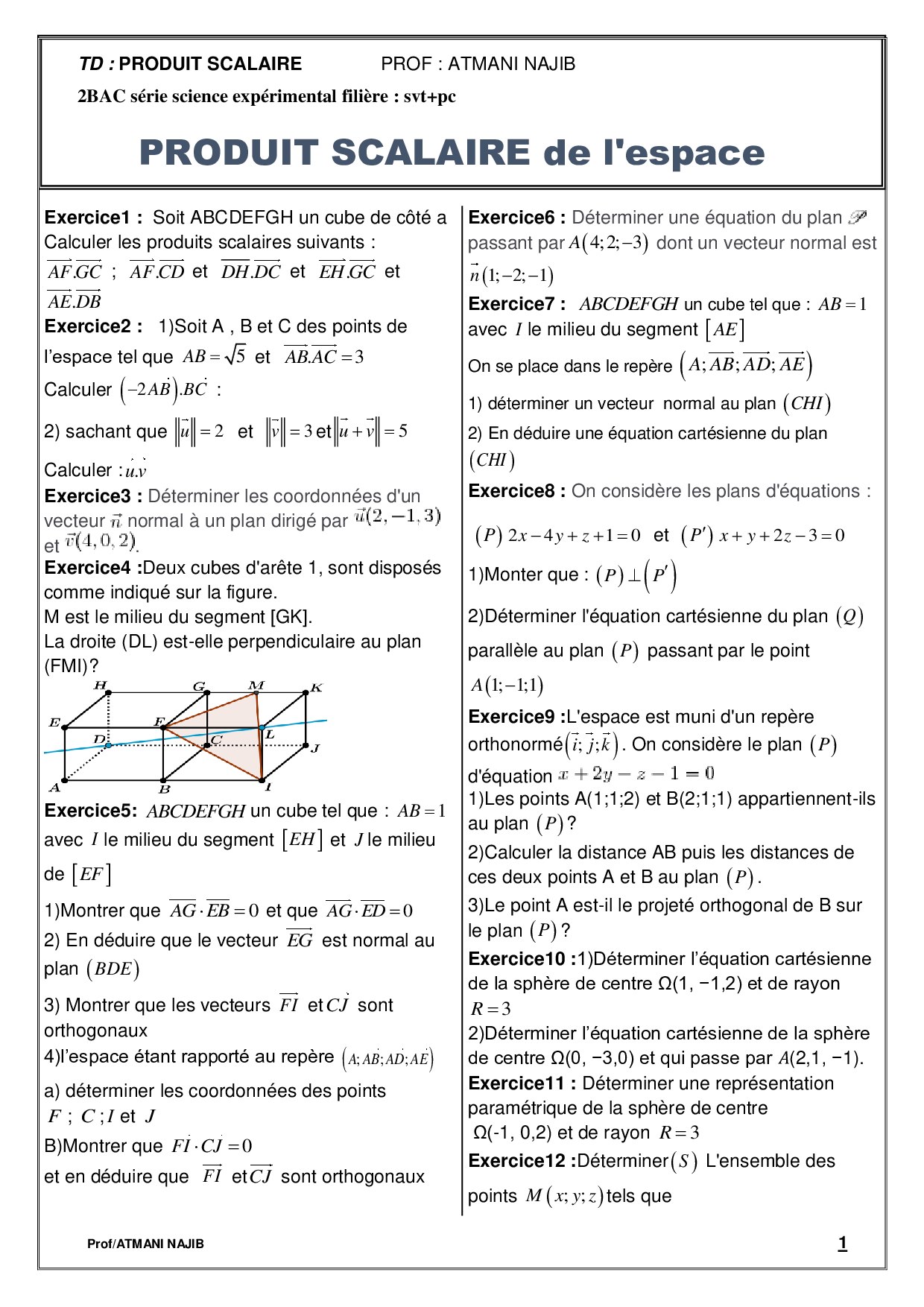 Produit scalaire dans l’espace - Série d'exercices 1 - AlloSchool