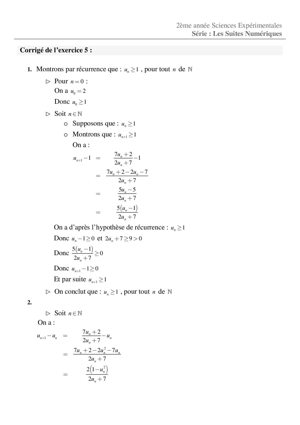 Suites numériques - Corrigé série d'exercices 1 - AlloSchool