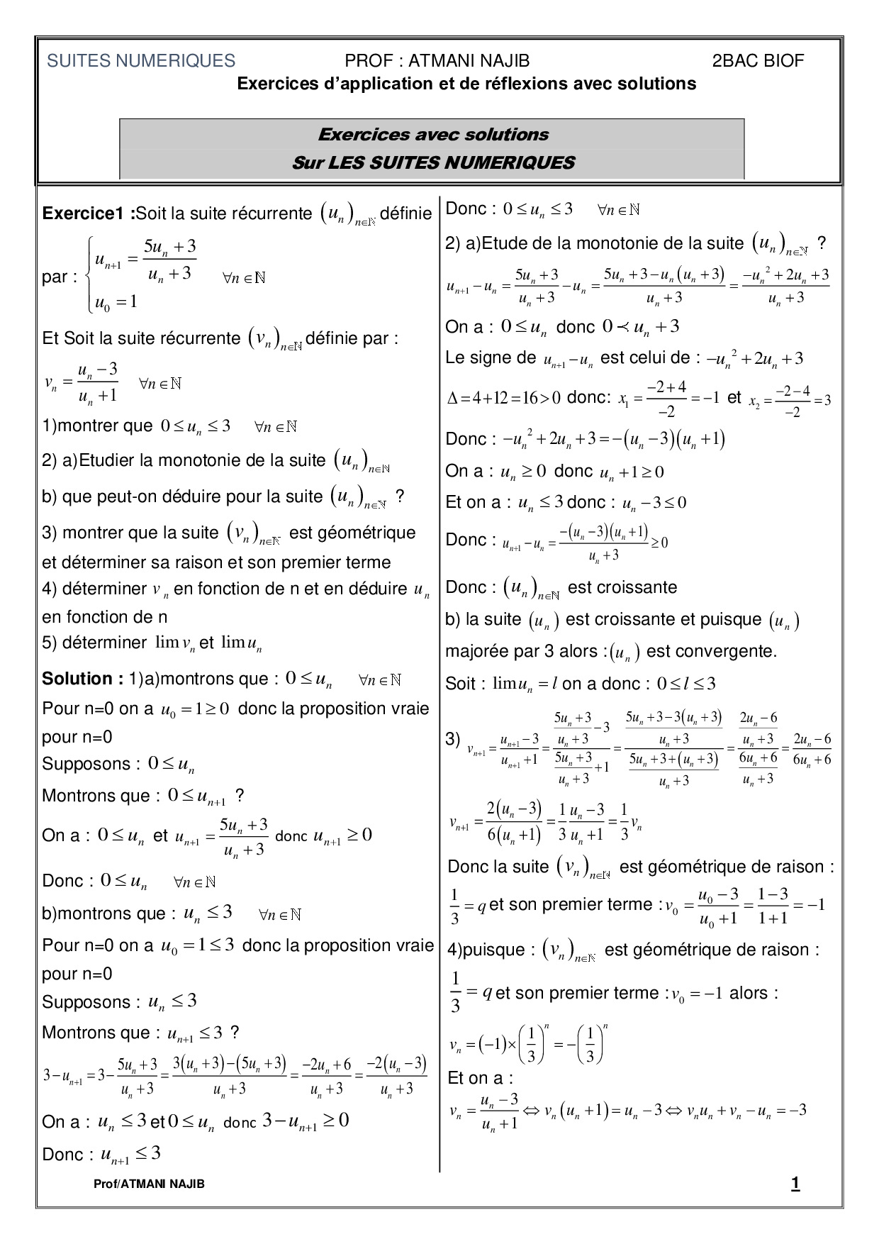Suites numériques - Corrigé série d'exercices 2 - AlloSchool