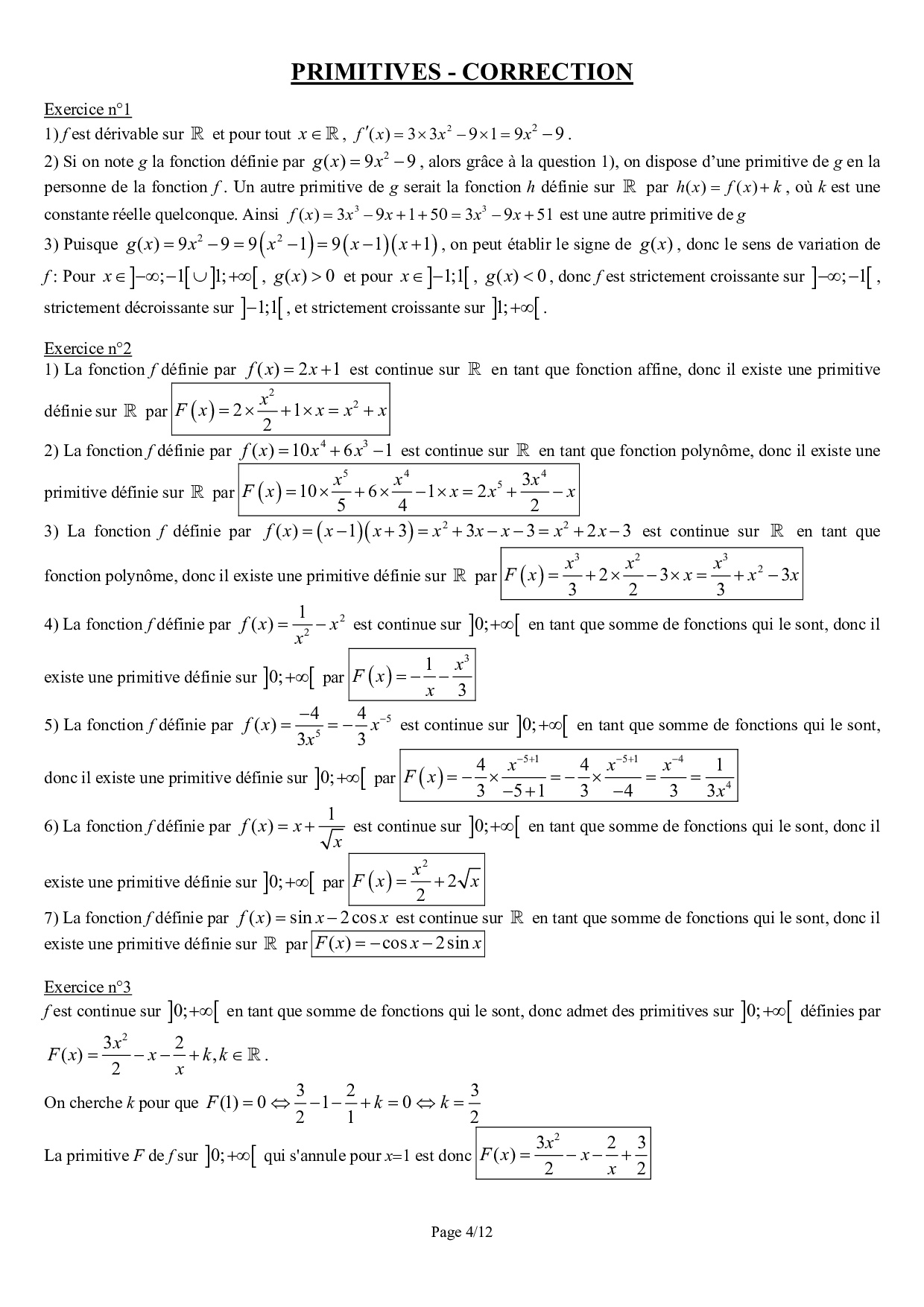 Fonctions primitives - Corrigé série d'exercices 2 - AlloSchool