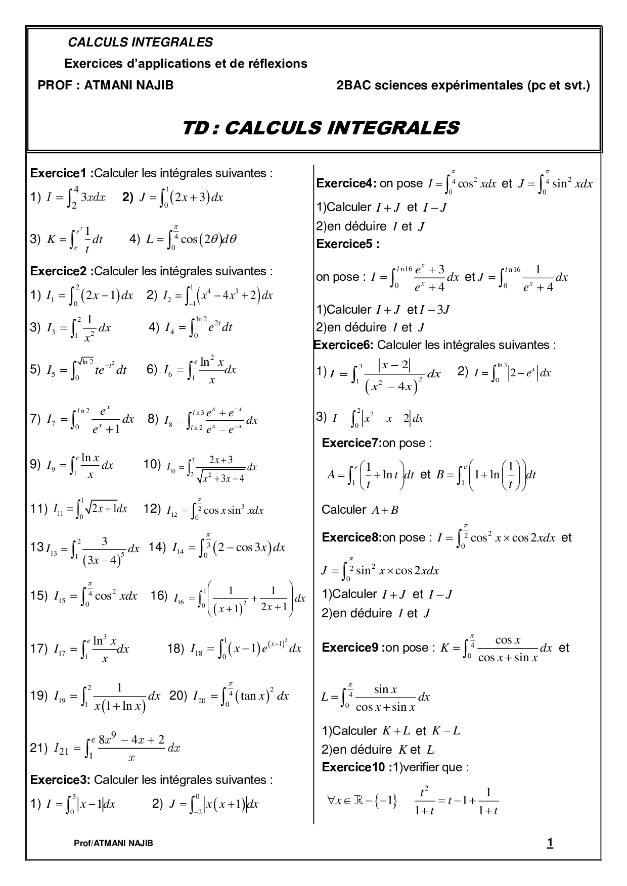 Calcul intégral - Série d'exercices 1 - AlloSchool