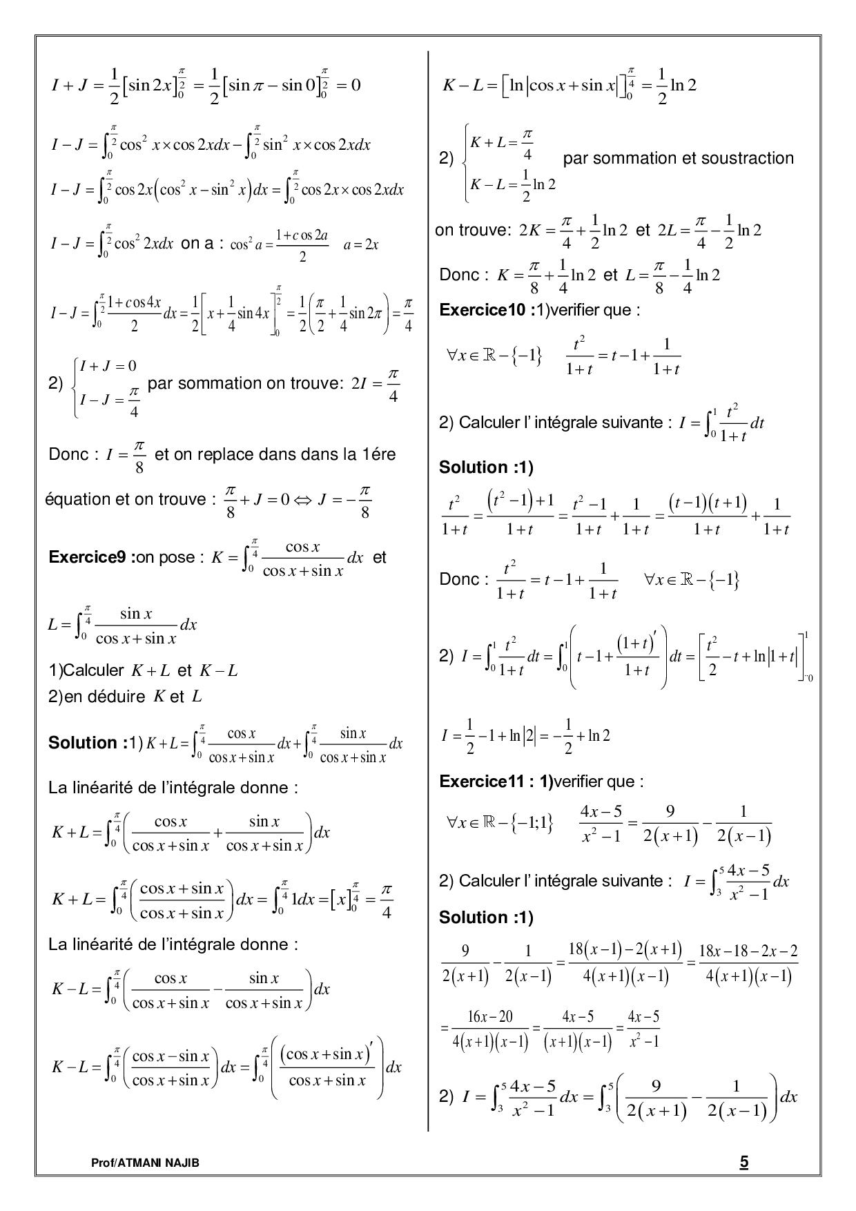 Calcul intégral - Corrigé série d'exercices 1 - AlloSchool