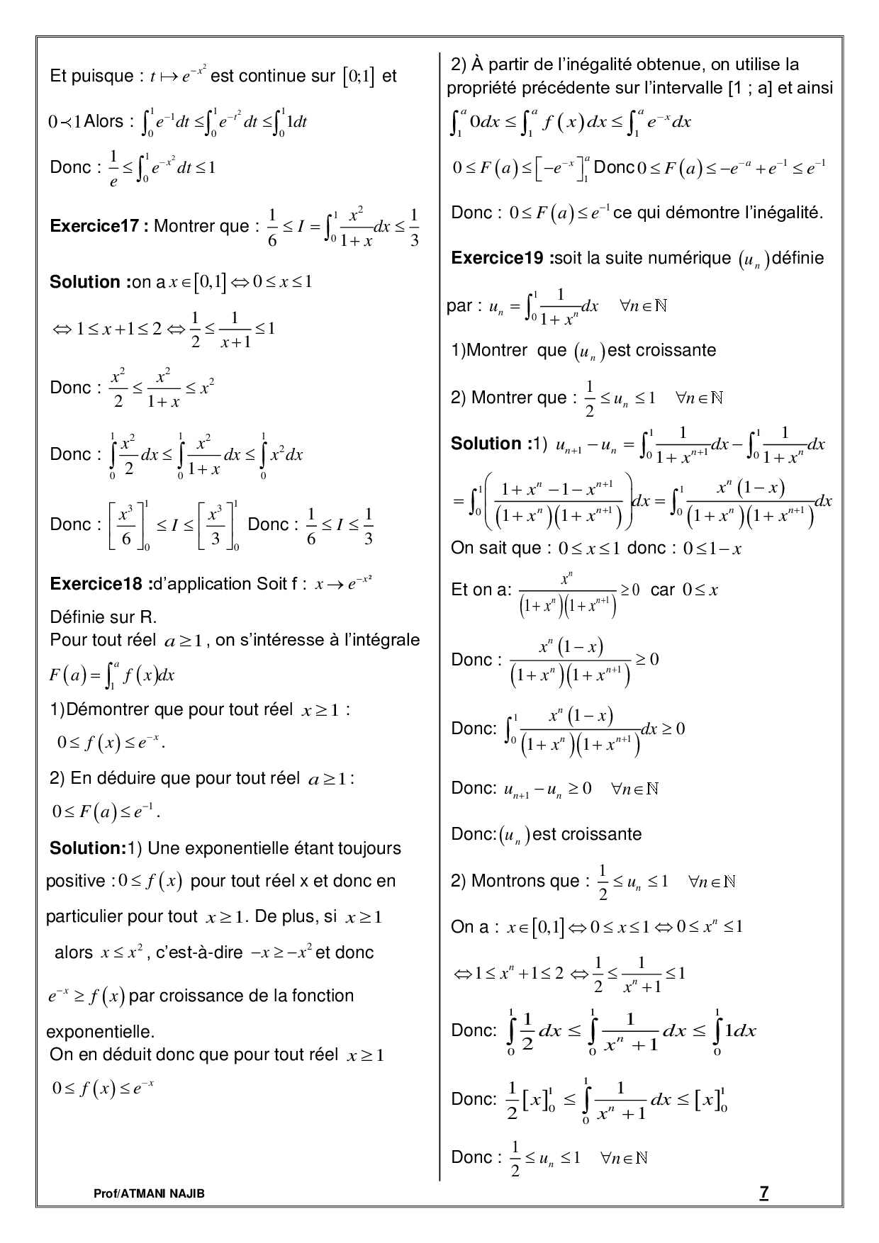 Calcul intégral - Corrigé série d'exercices 1 - AlloSchool