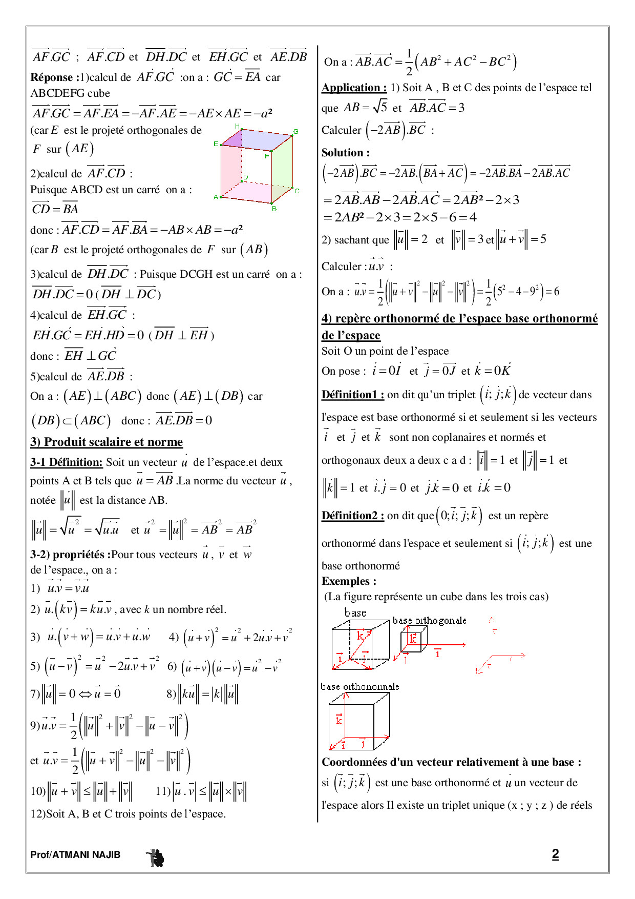 Produit scalaire dans l’espace - Cours et exercices corrigés - AlloSchool