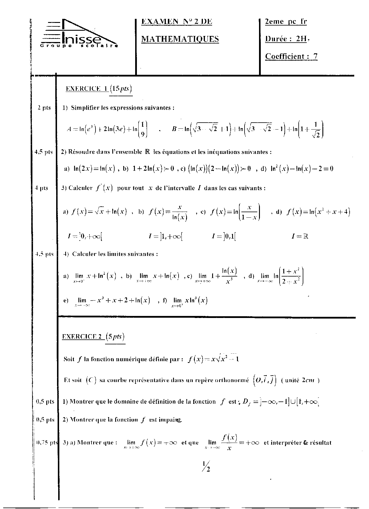 Devoir 2 Modèle 2 - Mathématiques 2 Bac SPC Semestre 1 - AlloSchool