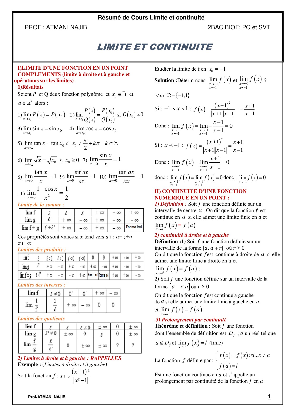 Limites et continuité - Résumé de cours 1 - AlloSchool