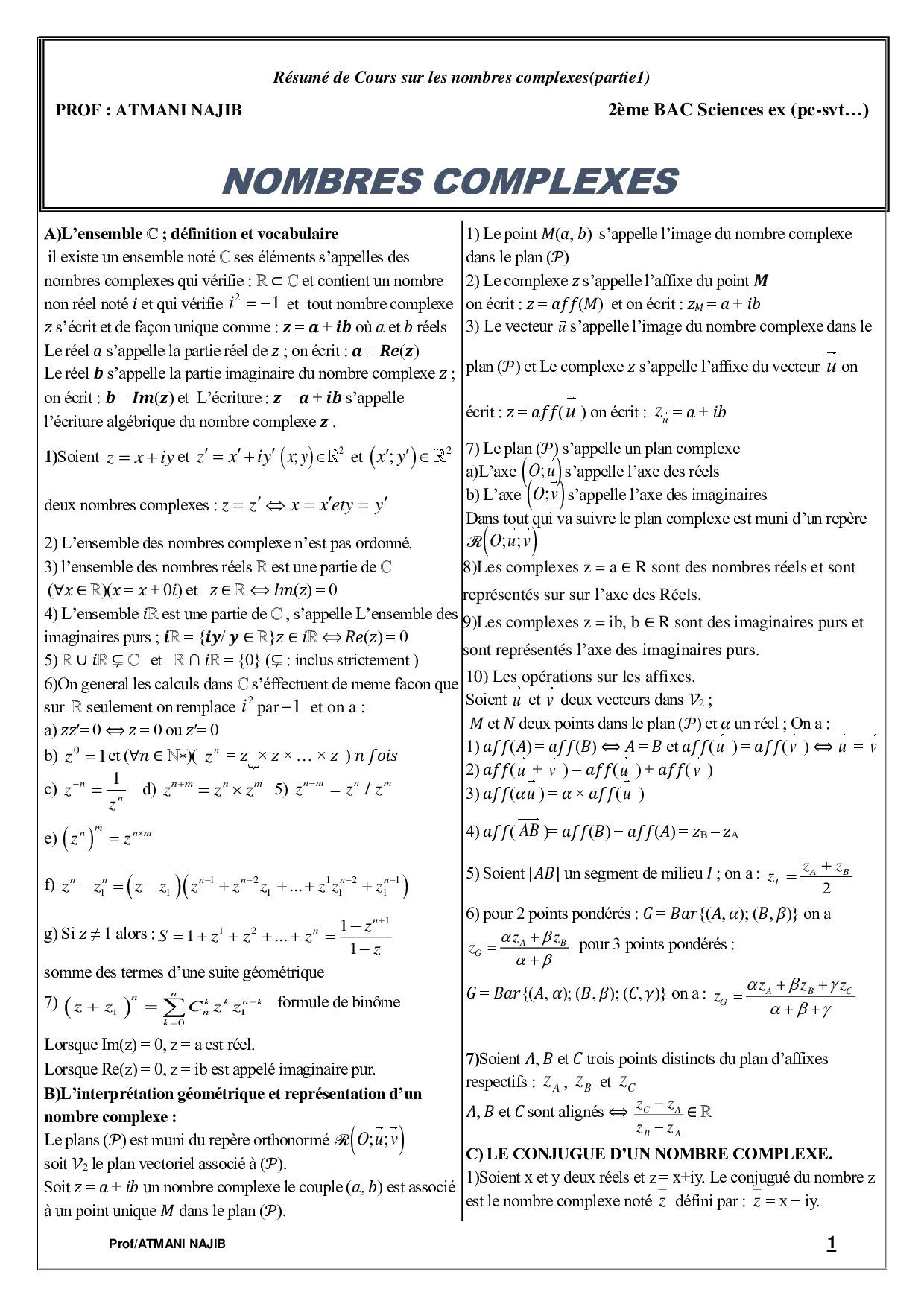 Nombres complexes 1 - Résumé de cours 1 - AlloSchool