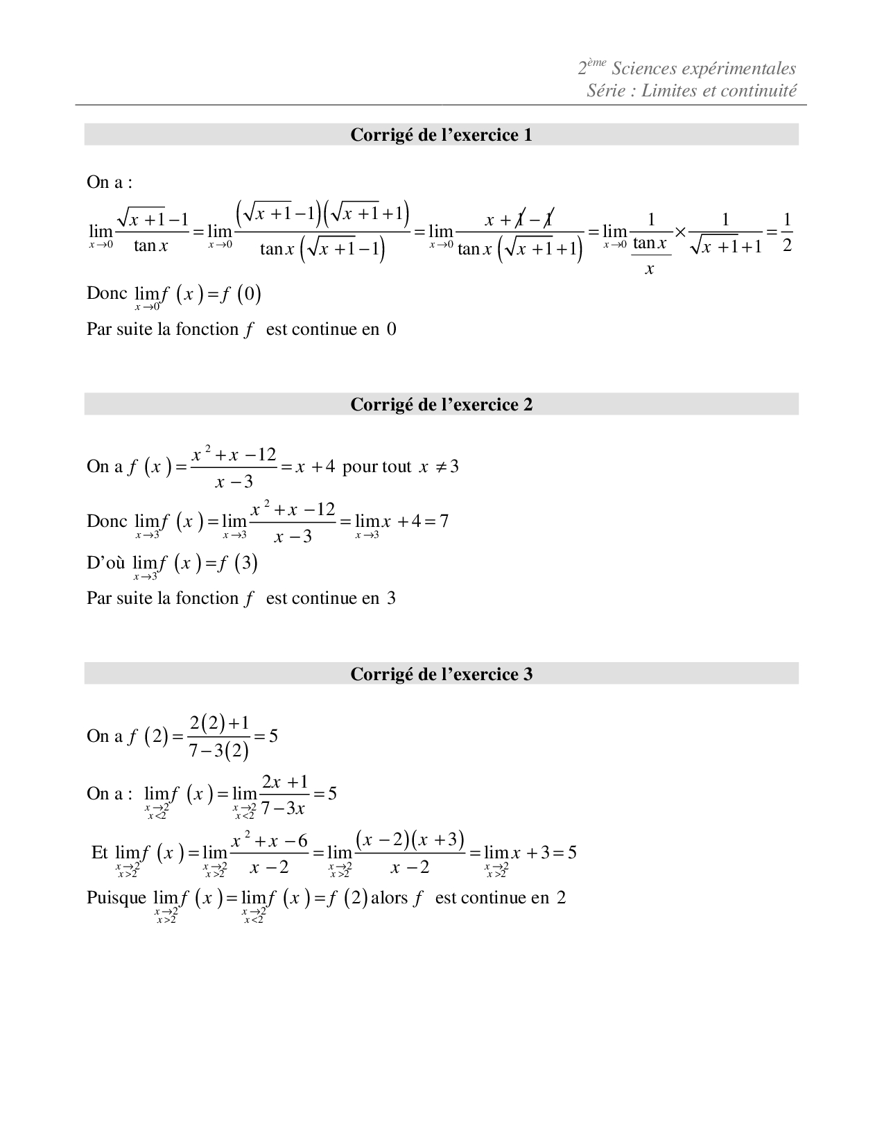 Limites et continuité - Corrigé série d'exercices 1 - AlloSchool