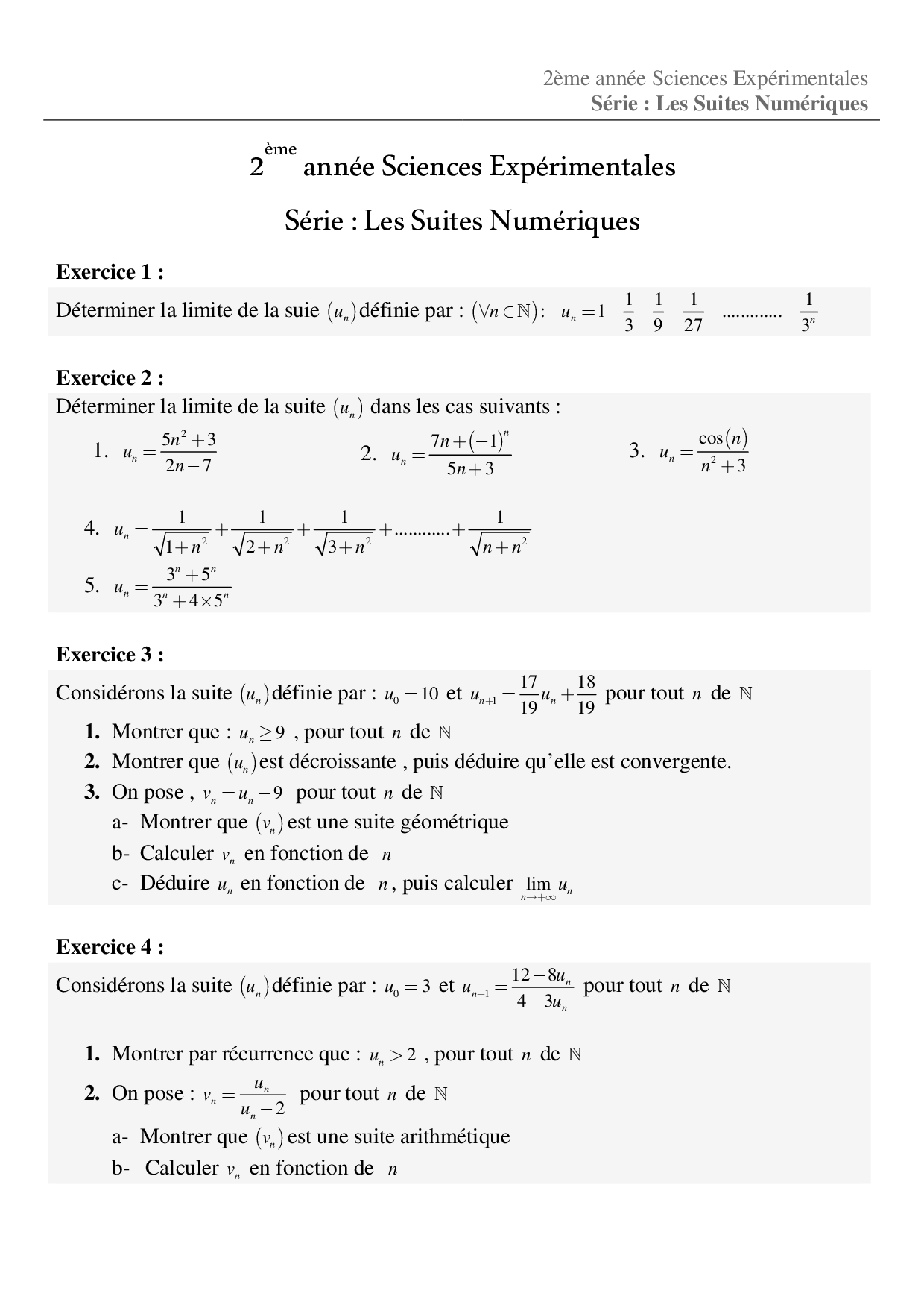 Suites numériques - Série d'exercices 1 - AlloSchool