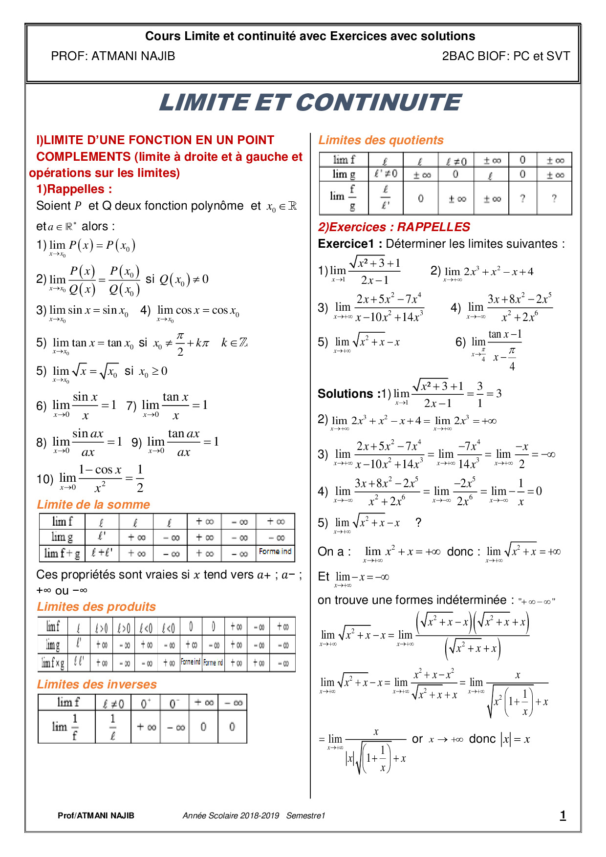 Limites et continuité - Cours et exercices corrigés - AlloSchool