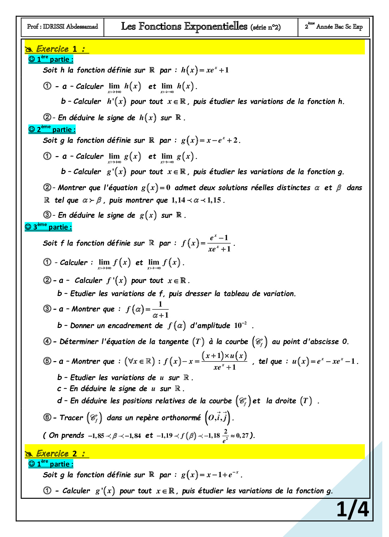 Fonctions exponentielles - Exercices non corrigés 2 - AlloSchool