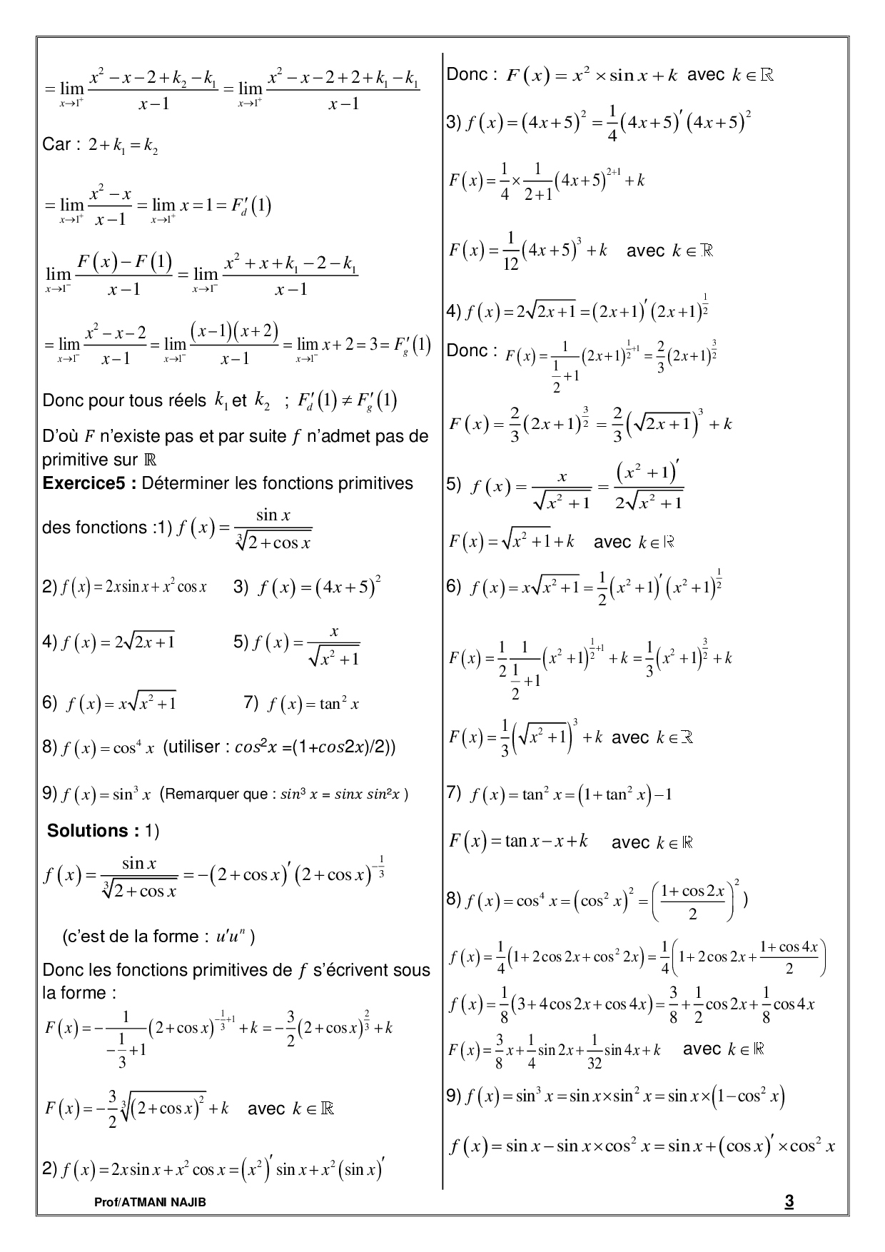 Fonctions primitives - Corrigé série d'exercices 1 - AlloSchool