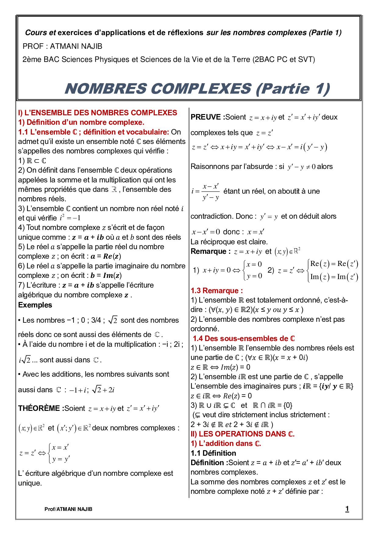 Nombres complexes 1 - Cours et exercices corrigés - AlloSchool