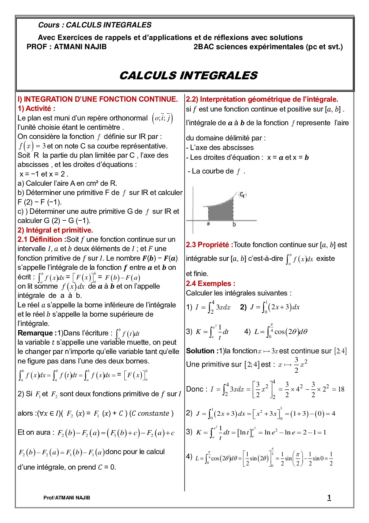 Calcul intégral - Cours et exercices corrigés - AlloSchool