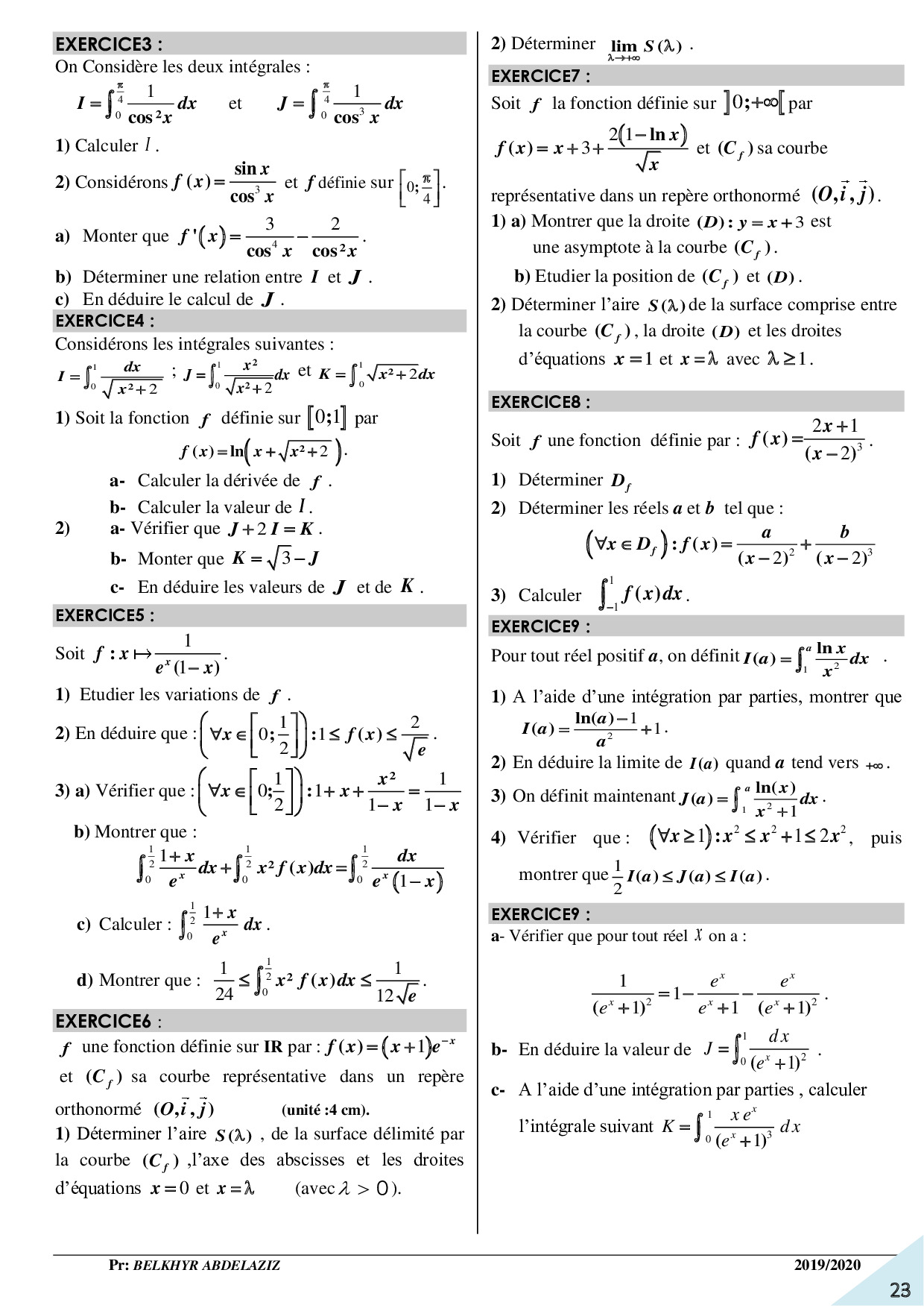 Calcul intégral - Exercices non corrigés 3 - AlloSchool