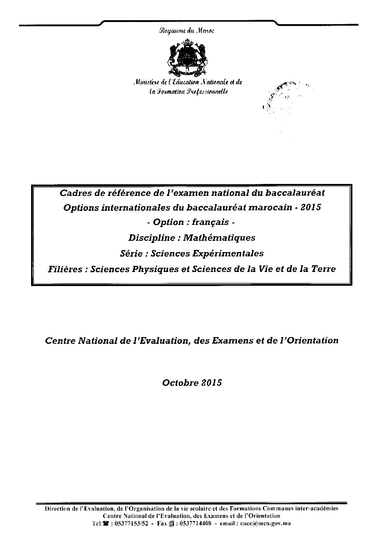 Cadre de référence de l'examen national - Maths Sciences Expérimentales ...