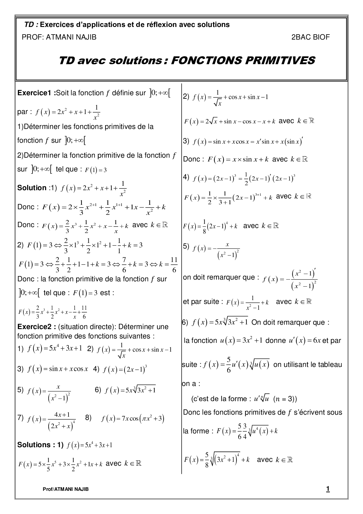 Fonctions primitives - Corrigé série d'exercices 1 - AlloSchool