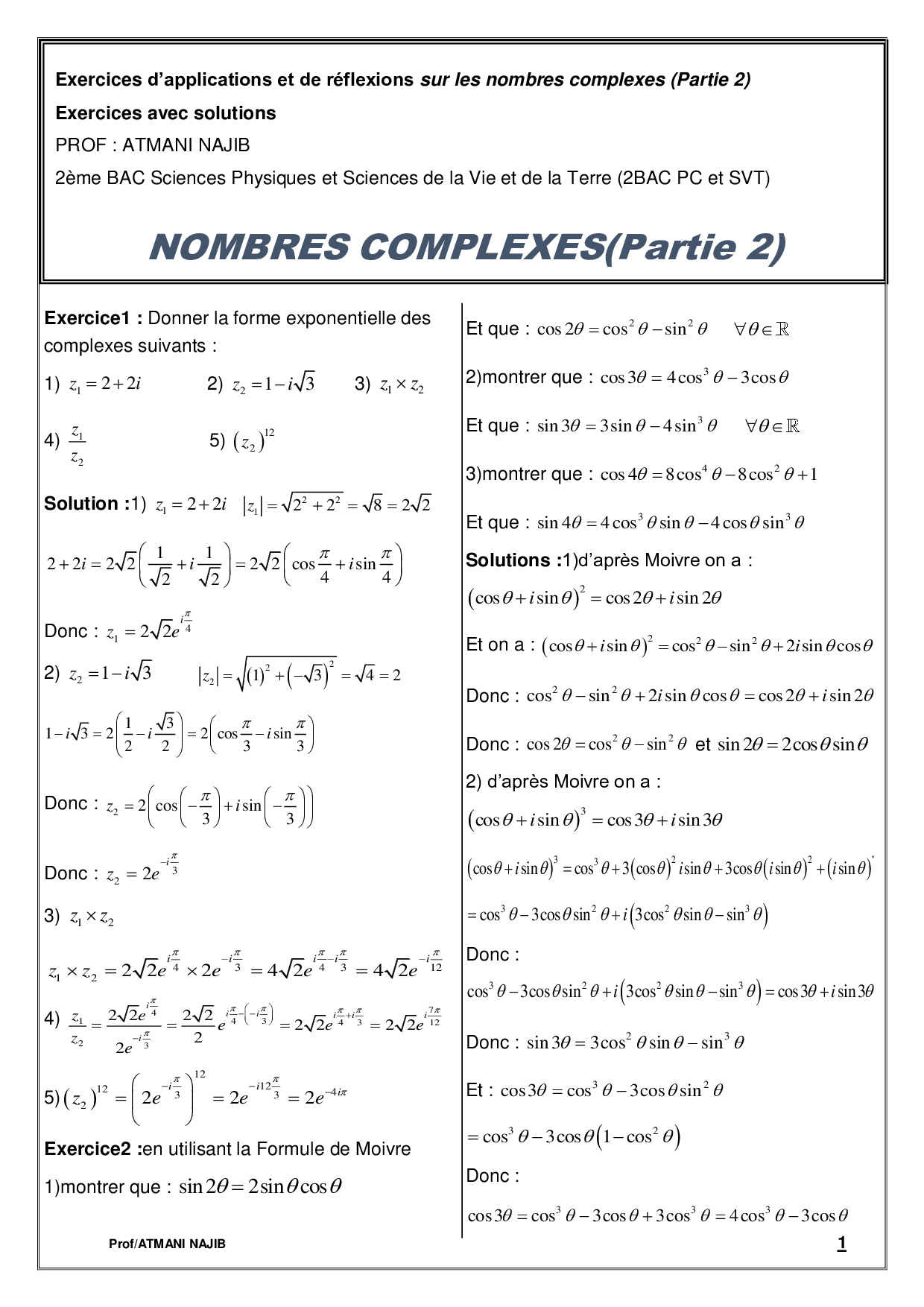 Nombres complexes 2 - Corrigé série d'exercices 1 - AlloSchool