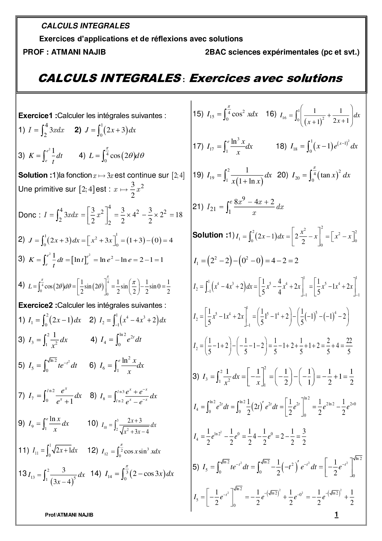 Calcul intégral - Corrigé série d'exercices 1 - AlloSchool