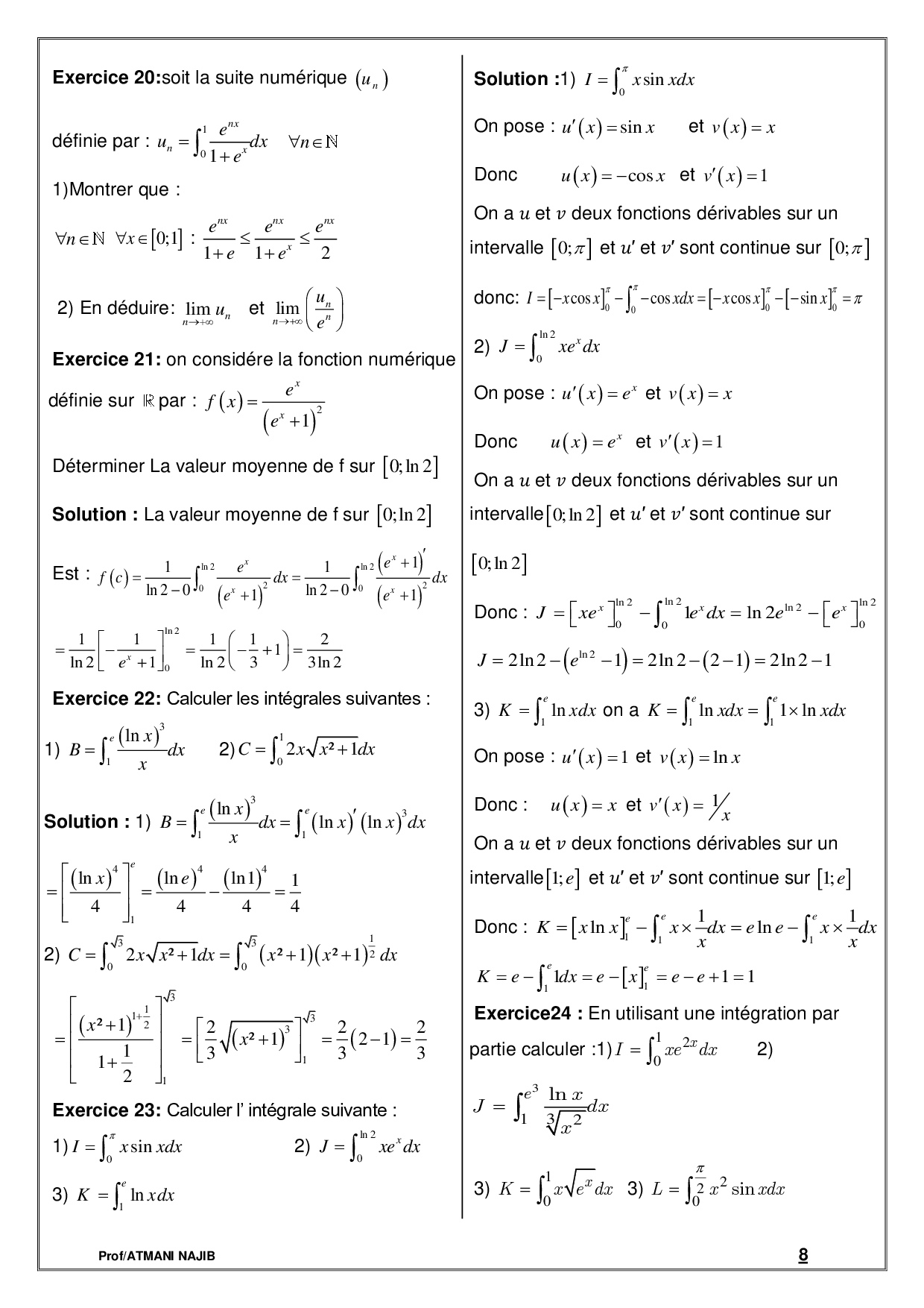 Calcul intégral - Corrigé série d'exercices 1 - AlloSchool