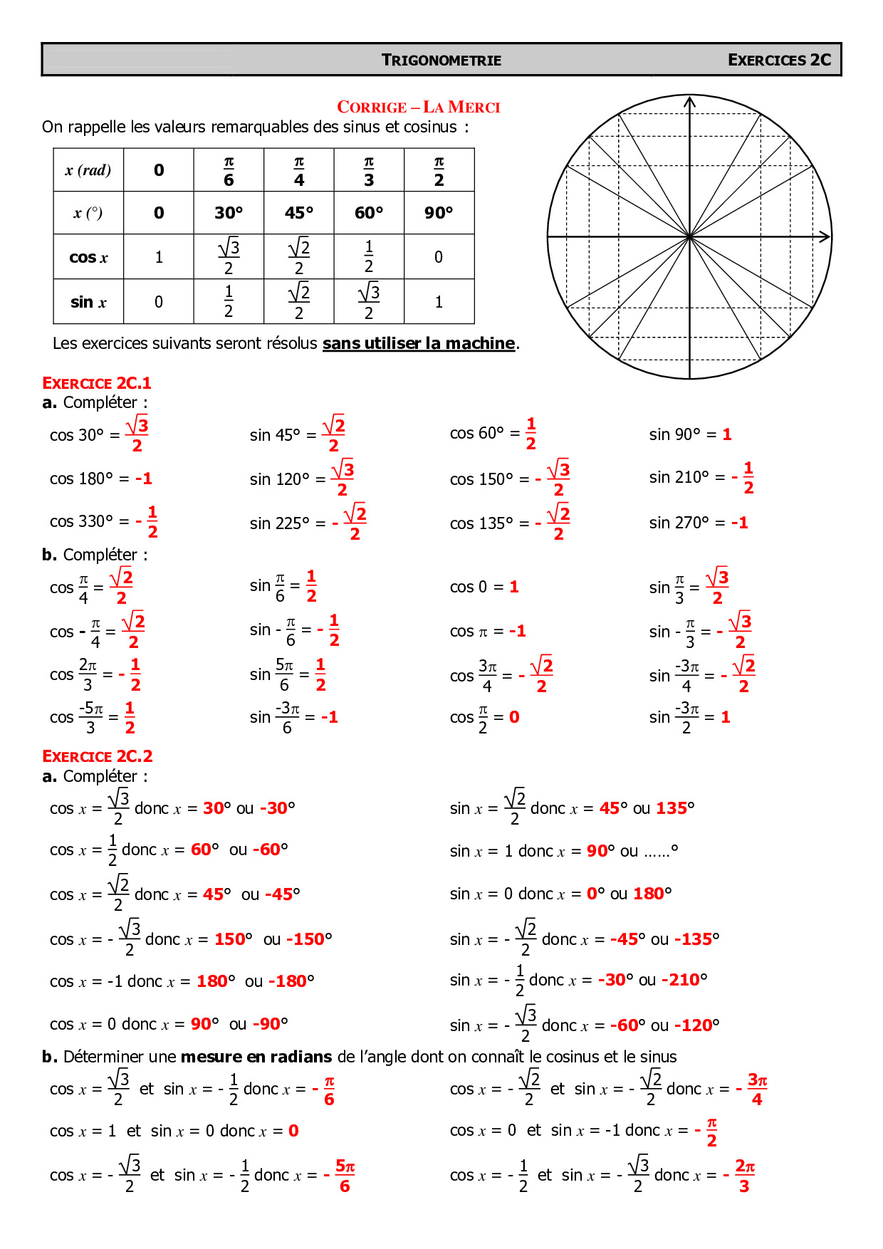 Calcul trigonométrique 2 - Corrigé série d'exercices 2 - AlloSchool