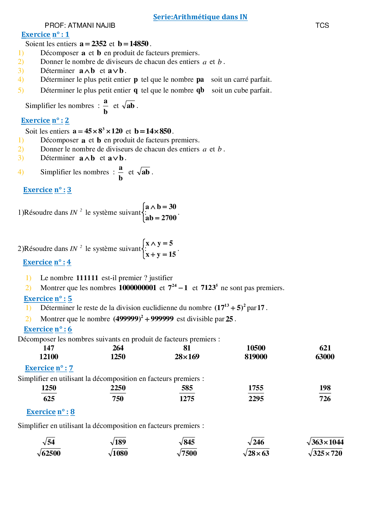 Arithmétique dans IN - Exercices non corrigés 8 - AlloSchool
