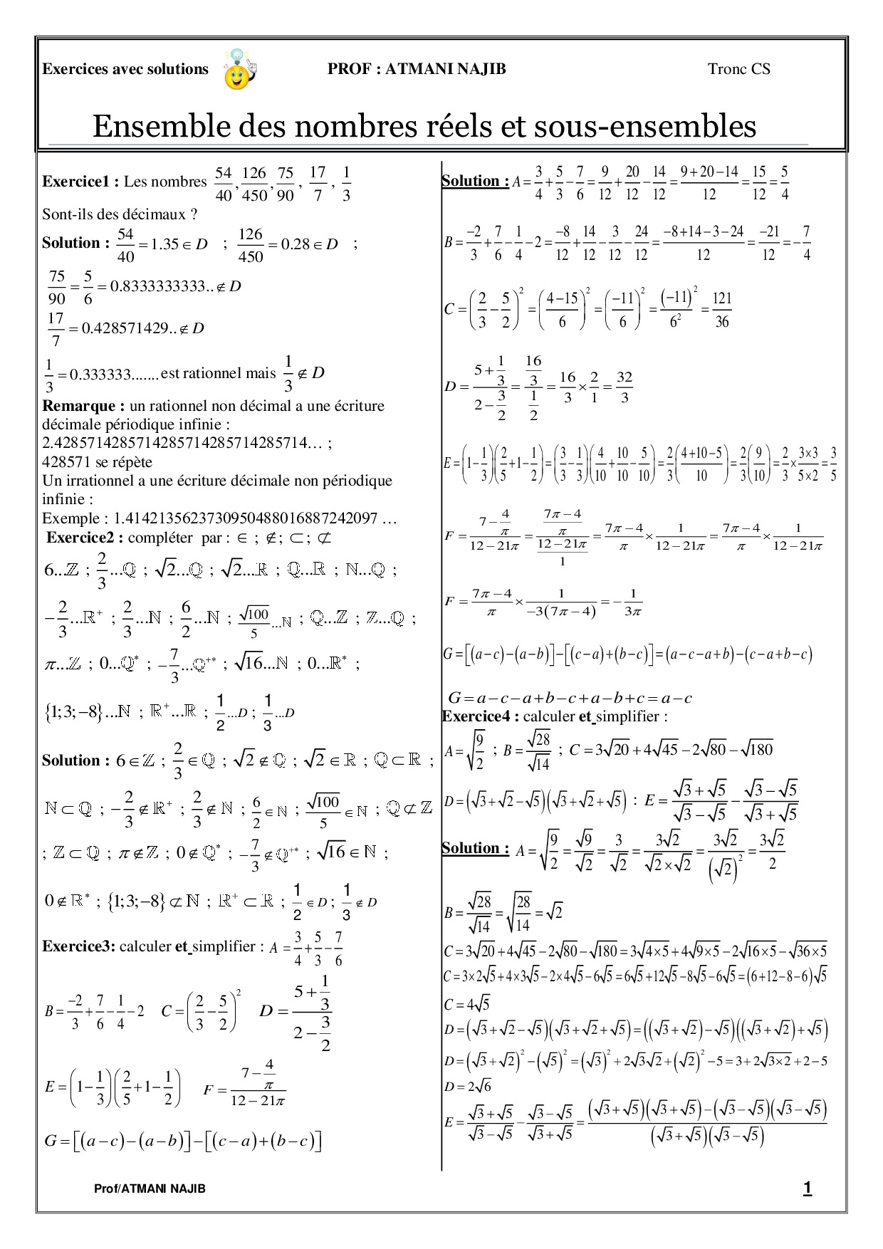 Les ensembles de nombres N, Z, Q, D et R - Exercices corrigés 1 - AlloSchool