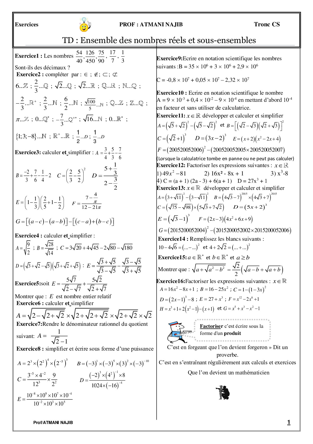 Les ensembles de nombres N, Z, Q, D et R - Exercices non corrigés 1 - AlloSchool
