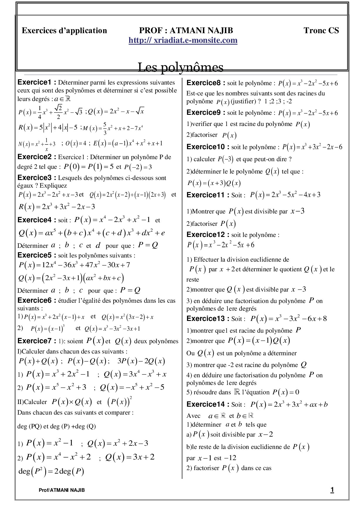 Les polynômes - Exercices non corrigés 1 - AlloSchool