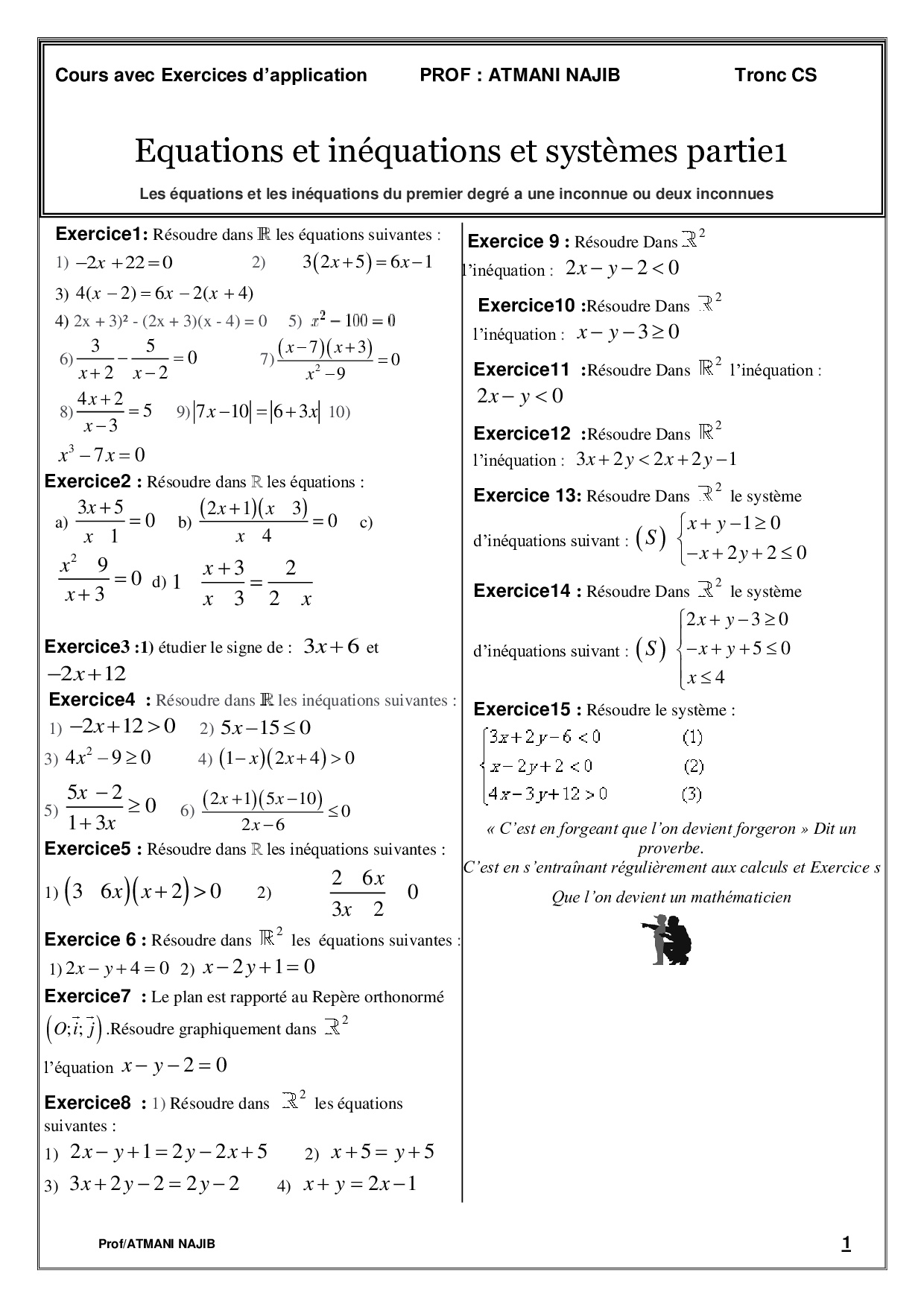 Équations et inéquations du 1er degré - Exercices non corrigés 1 ...