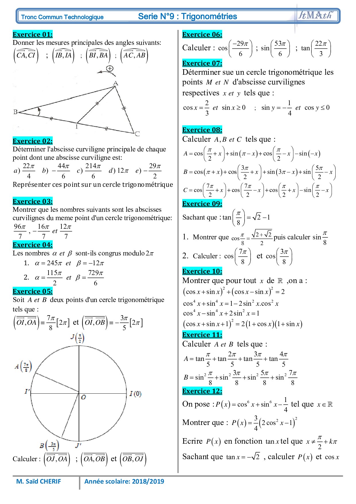 Calcul trigonométrique 1 - Exercices non corrigés 2 - AlloSchool