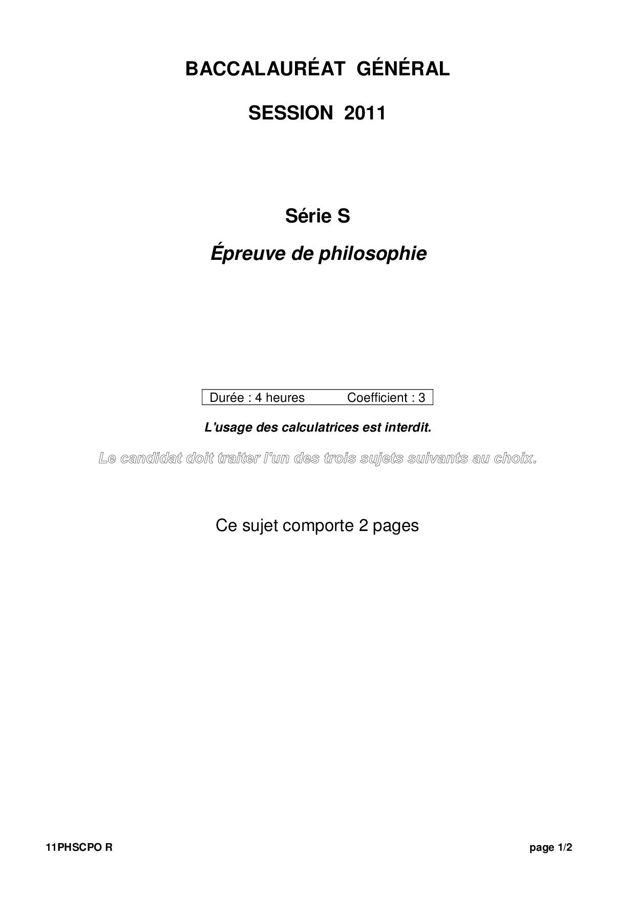 Bac S Philosophie Polynésie 2011 (Session de remplacement) - Sujet - AlloSchool
