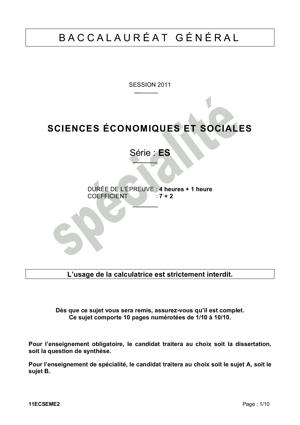 Bac ES Sciences Economiques et Sociales (SES Spécialité) Métropole 2011 ...