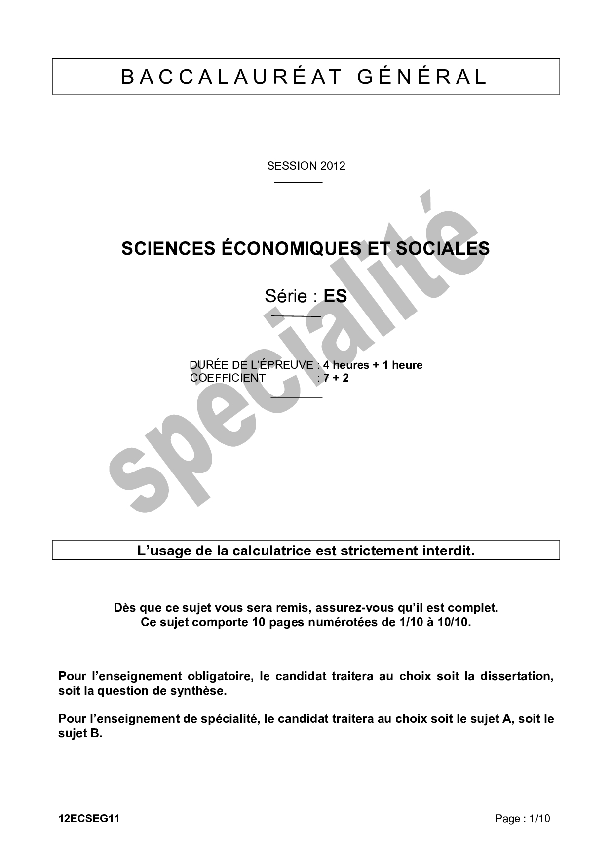 Bac ES Sciences Economiques et Sociales (SES Spécialité) Centres Etrangers Afrique 2012 - Sujet ...