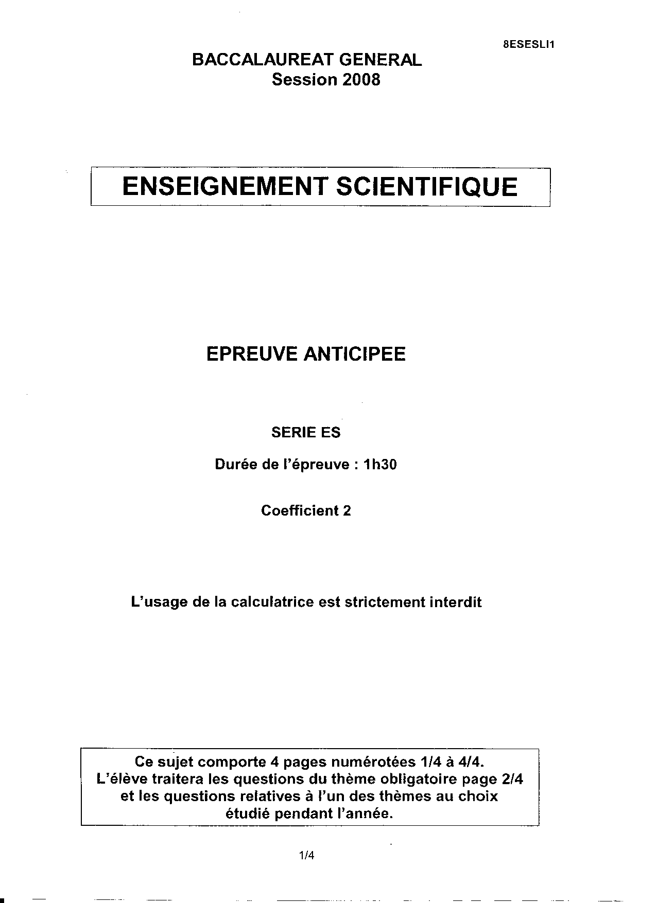 Bac ES Sciences Liban 2008 - Sujet - AlloSchool