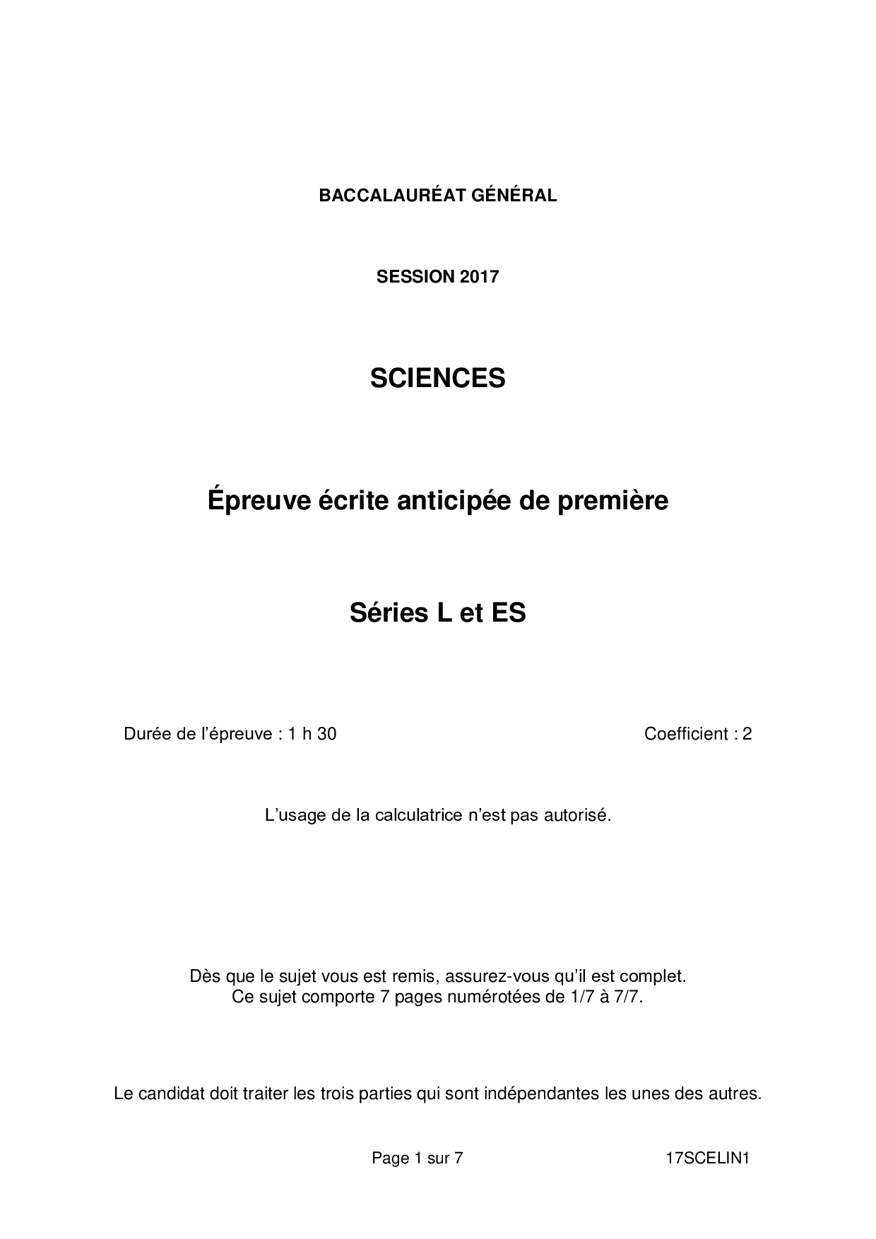 Bac ES-L Sciences (1ère) Pondichéry 2017 - Sujet - AlloSchool