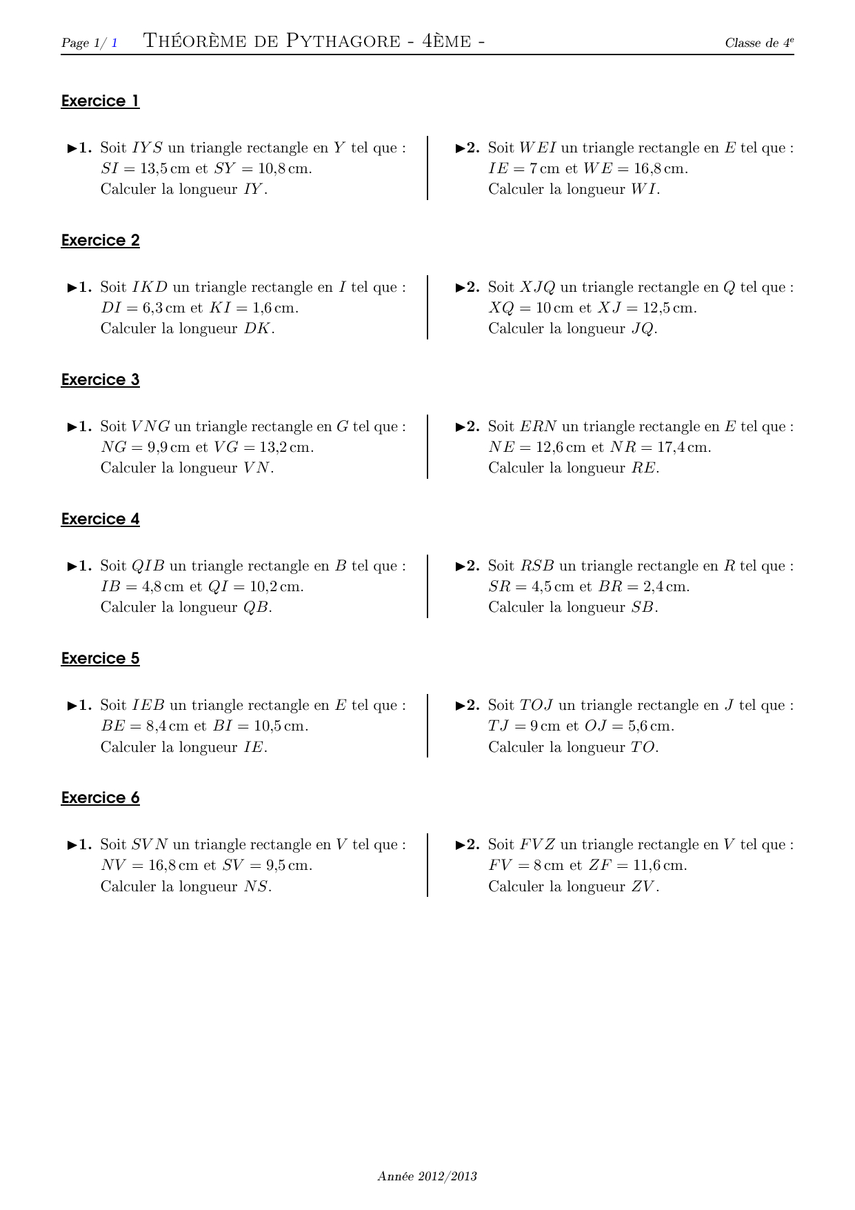Théorème de Pythagore - Série d'exercices 1 - AlloSchool