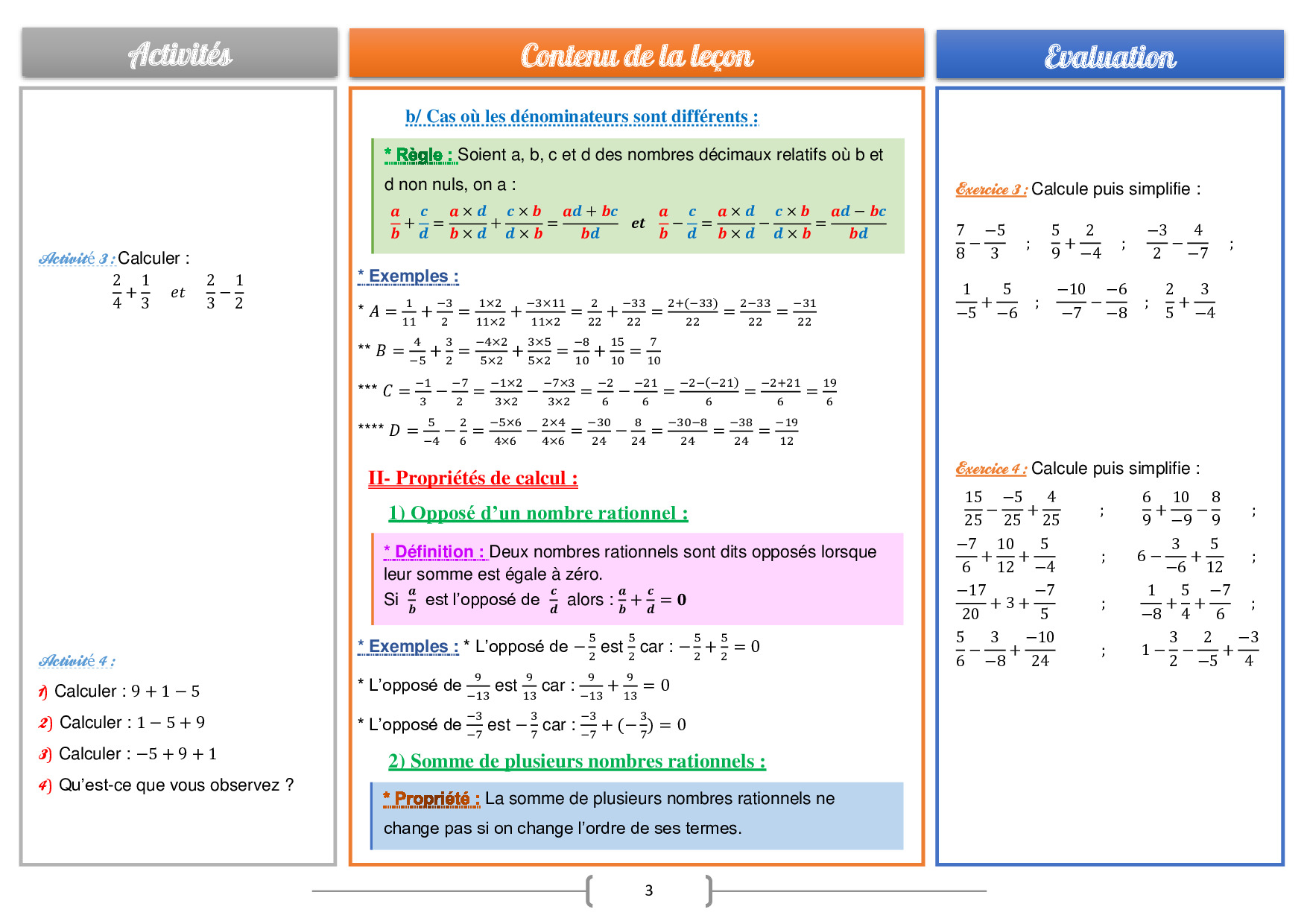 Les nombres rationnels (Somme et différence) - Cours et exercices (MA ...